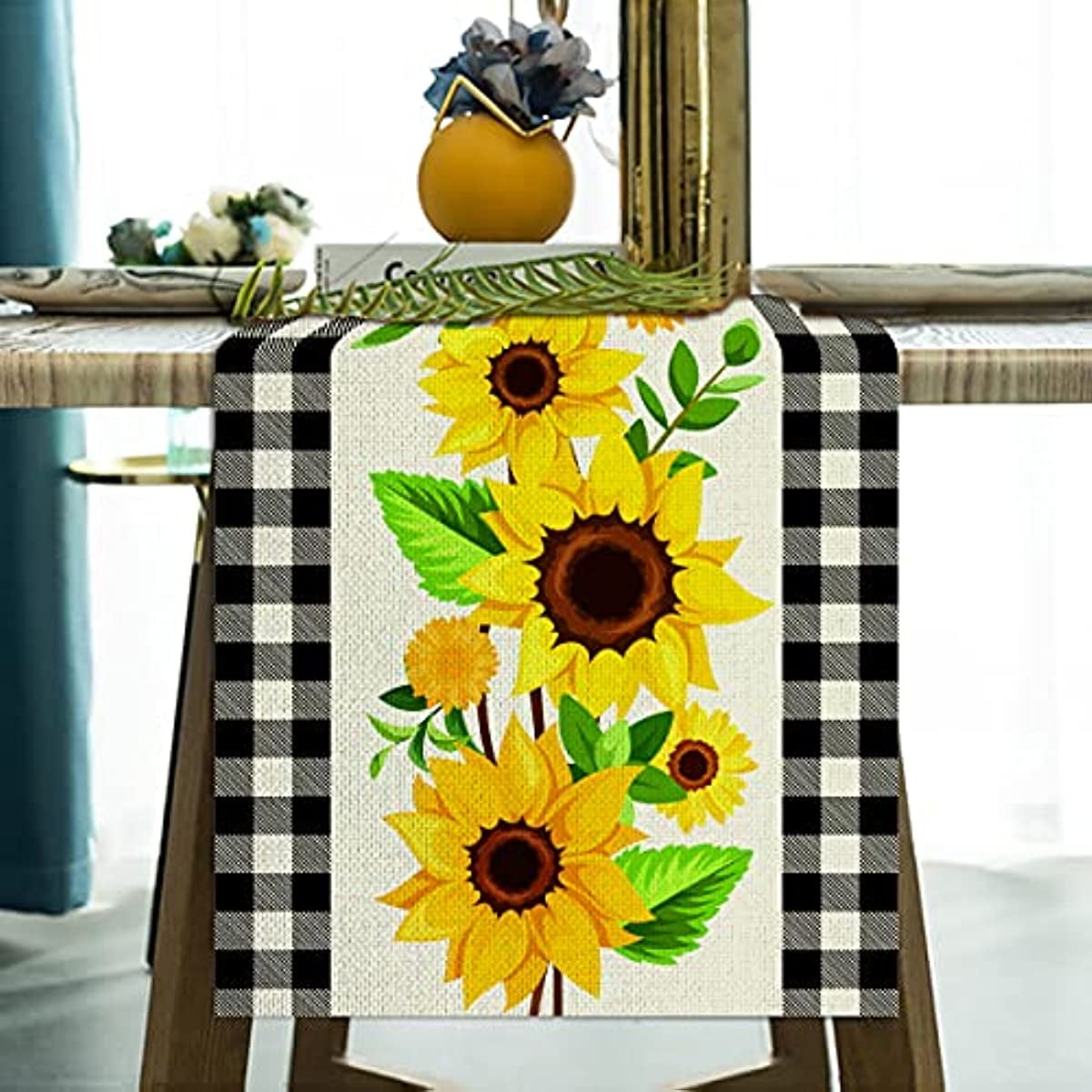 Linen White and Black Buffalo Plaid Sunflower Table Runner Farmhouse ...