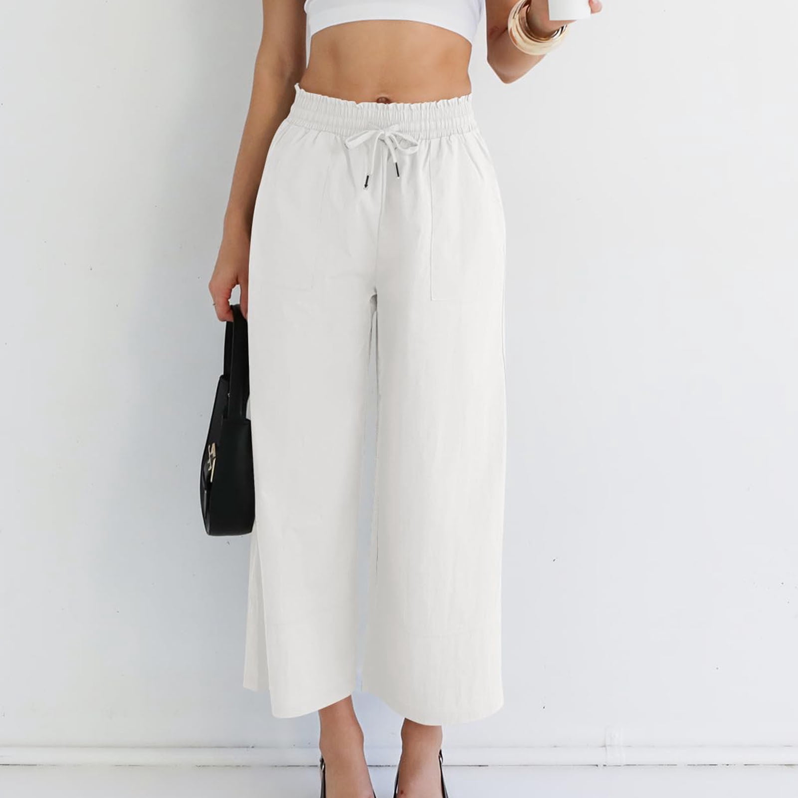 Linen Wide Leg Capris for Women High Waisted Elastic Trousers ...