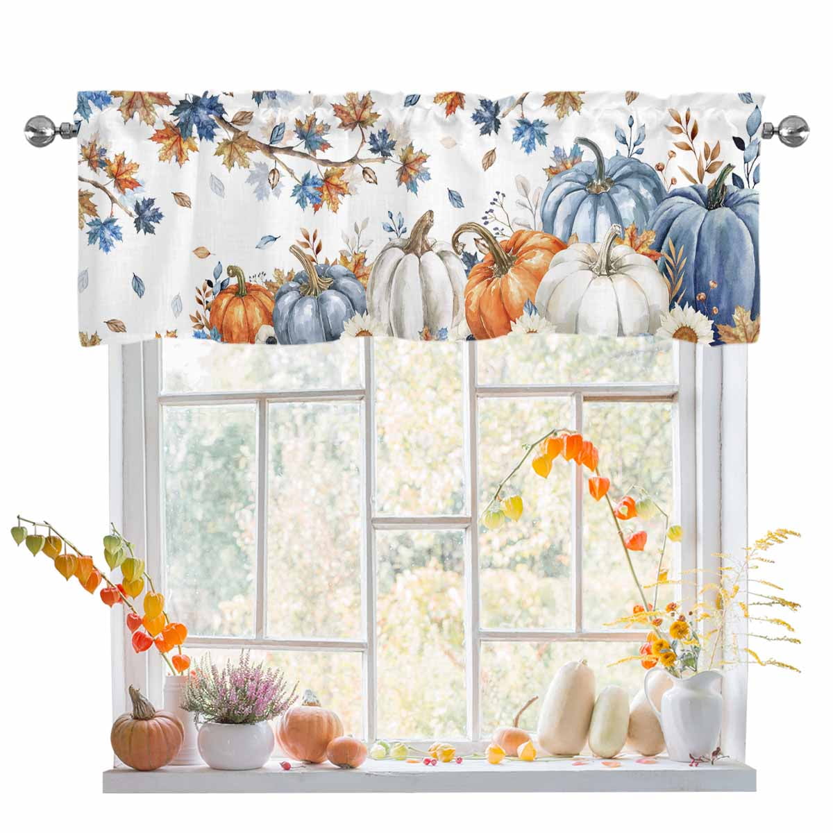 Linen Window Valance Thanksgiving,54"X18 Rod Pocket,Blue,Pumpkin and ...