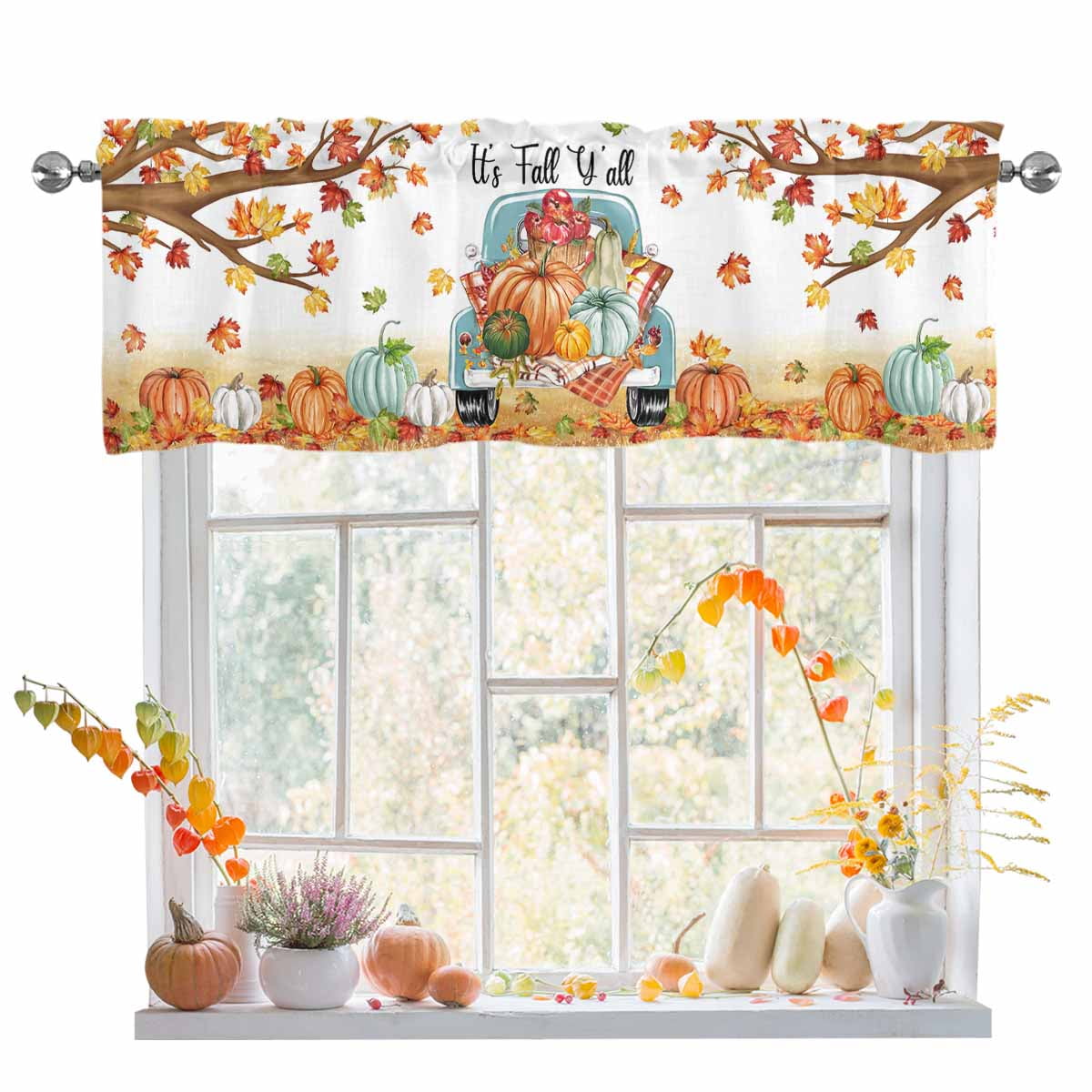 Linen Window Valance Thanksgiving,54"X18 Rod Pocket,Pumpkin and Truck ...