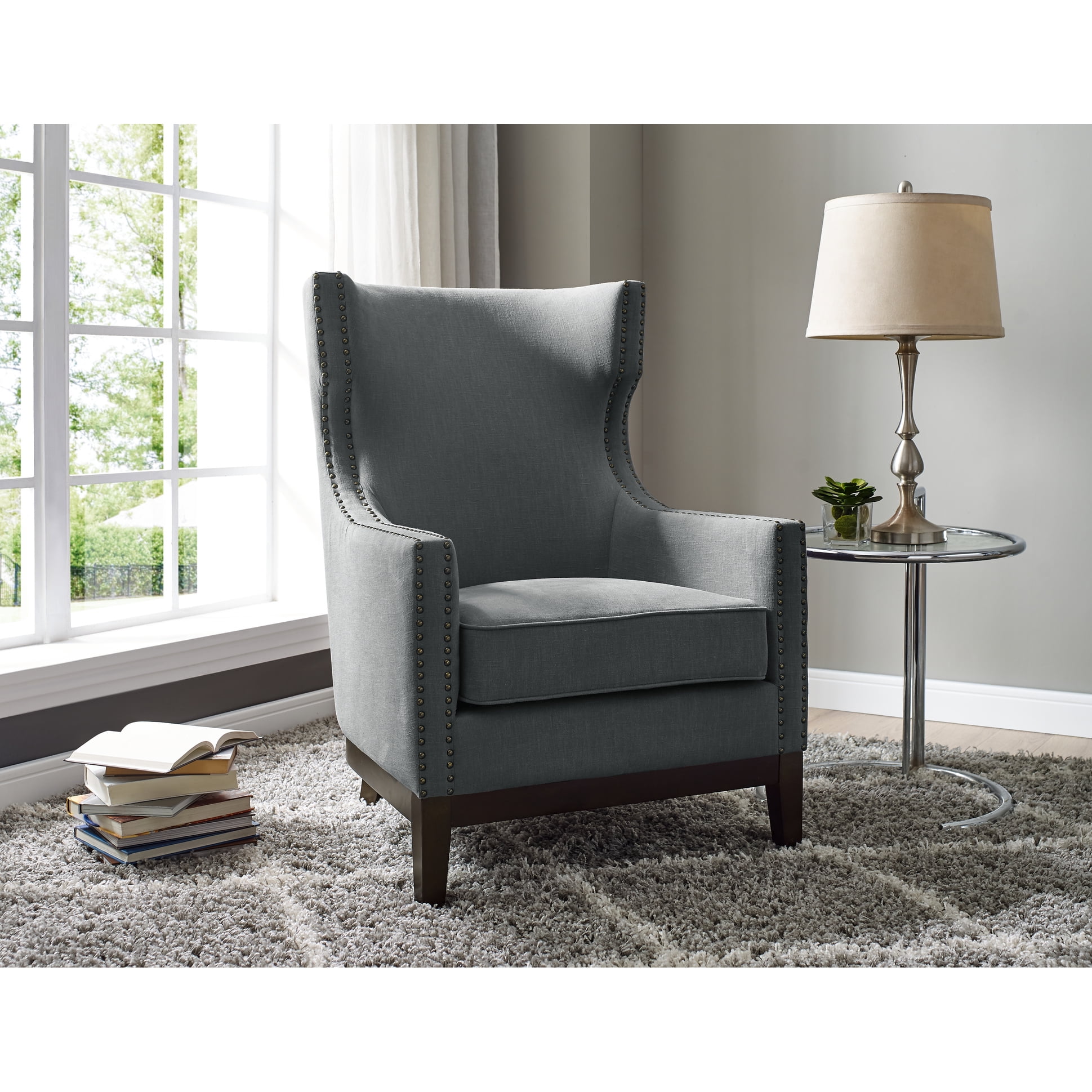 Linen Wingback Chair - Dark Gray Tone, Solid Wood & Plywood Frame With ...