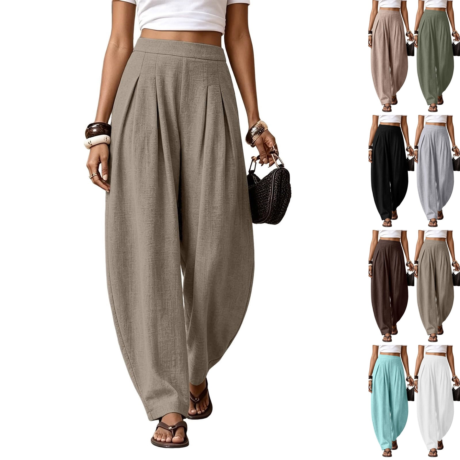 Linen Women Wide Leg Palazzo Barrel Pants Casual Summer 2026 Boho Beach ...