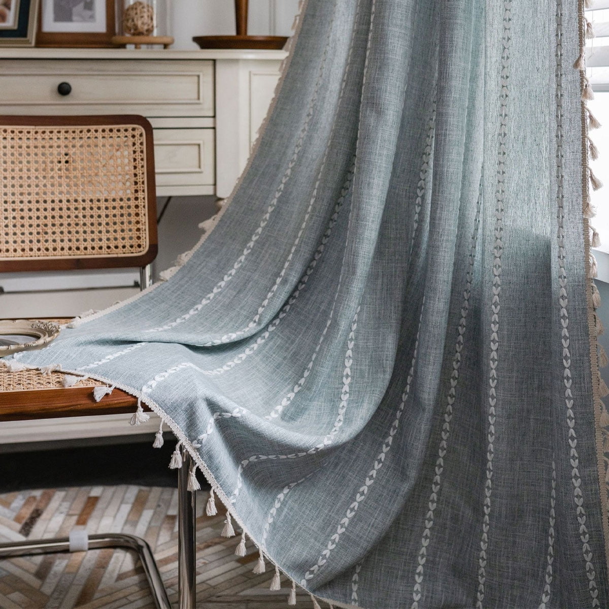 Linen drapes, embroidered khaki Bohemian drapes in the living room ...