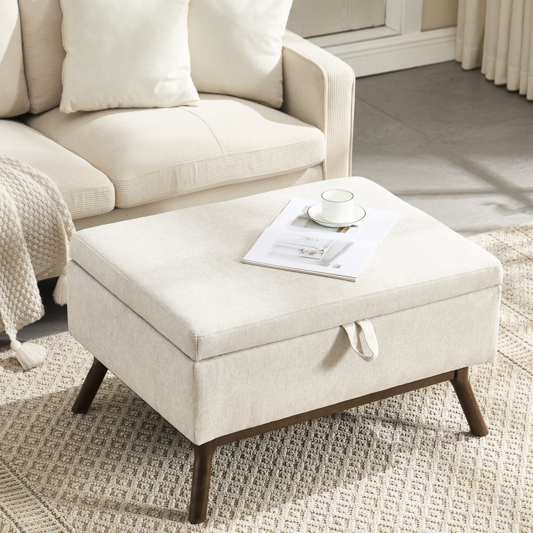 Linen - upholstered coffee table bench for living room and entryway ...