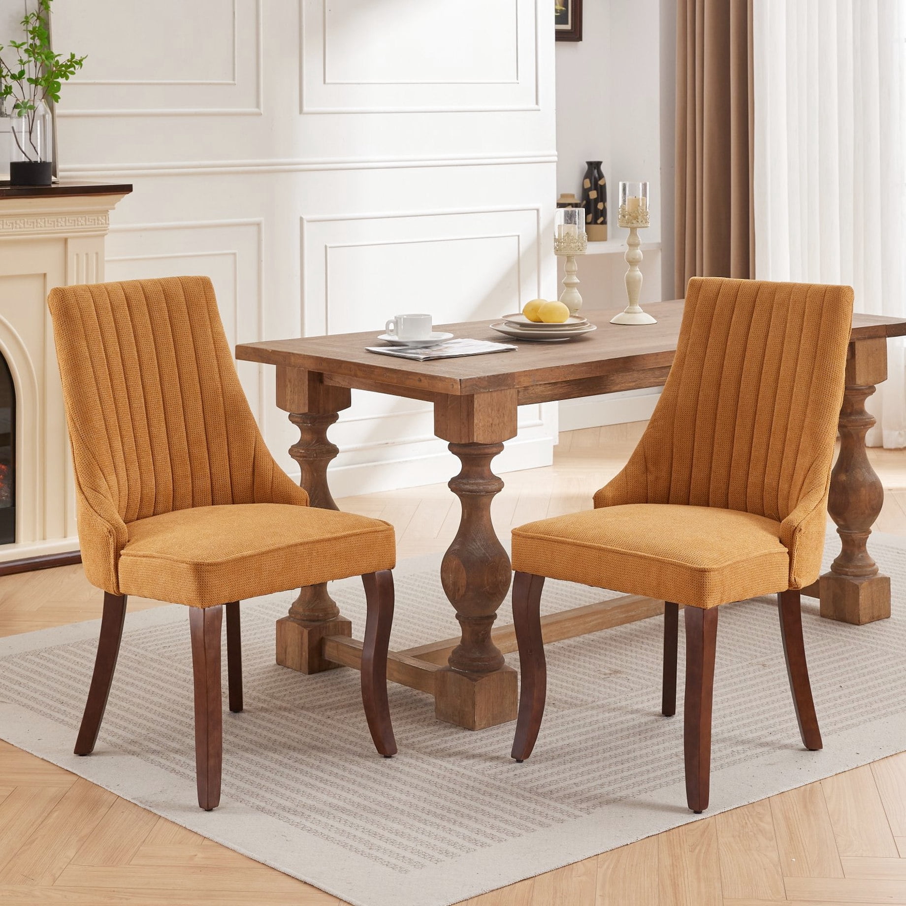 Linen upholstery, curved rubberwood legs / Dining chairs with long ...