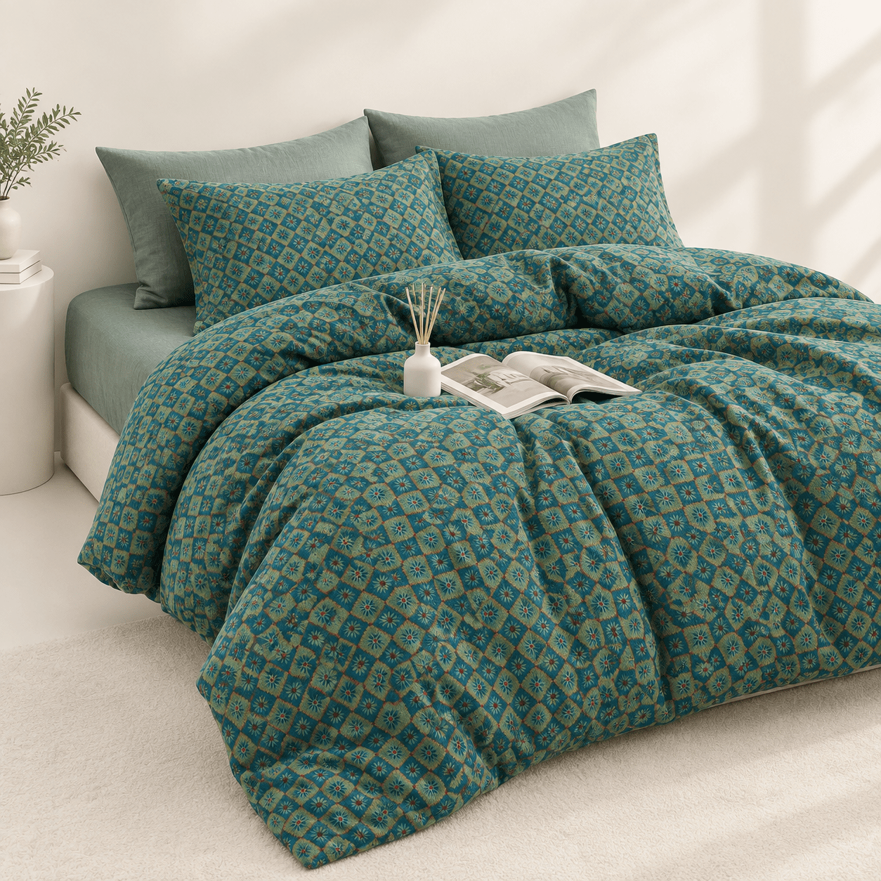 Linenton Duvet Cover Queen 3 Yarn-dyed Textured Set Green Flower ...
