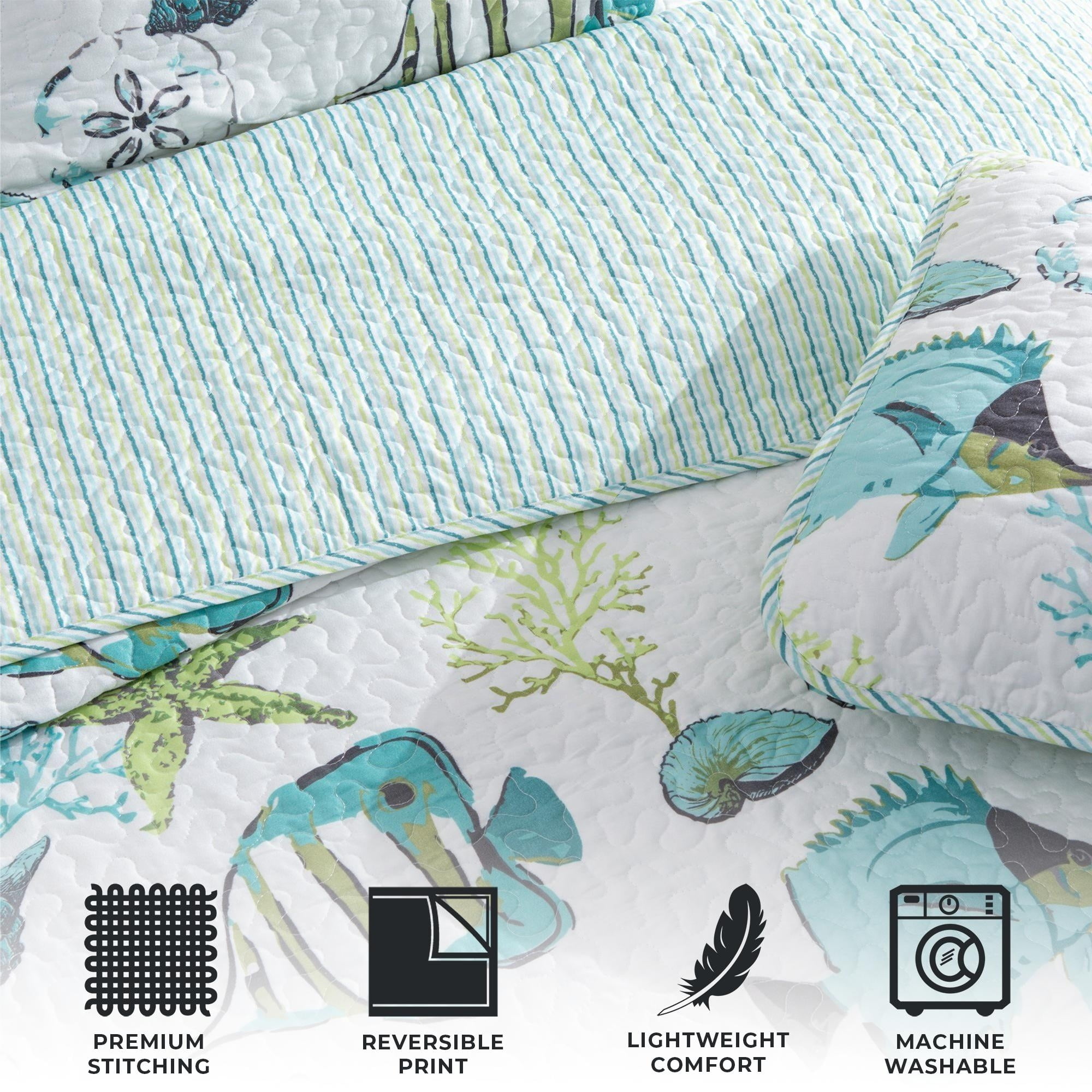Linery & Co. Coastal Microfiber Quilt Set With Shams. Fish & Coral ...