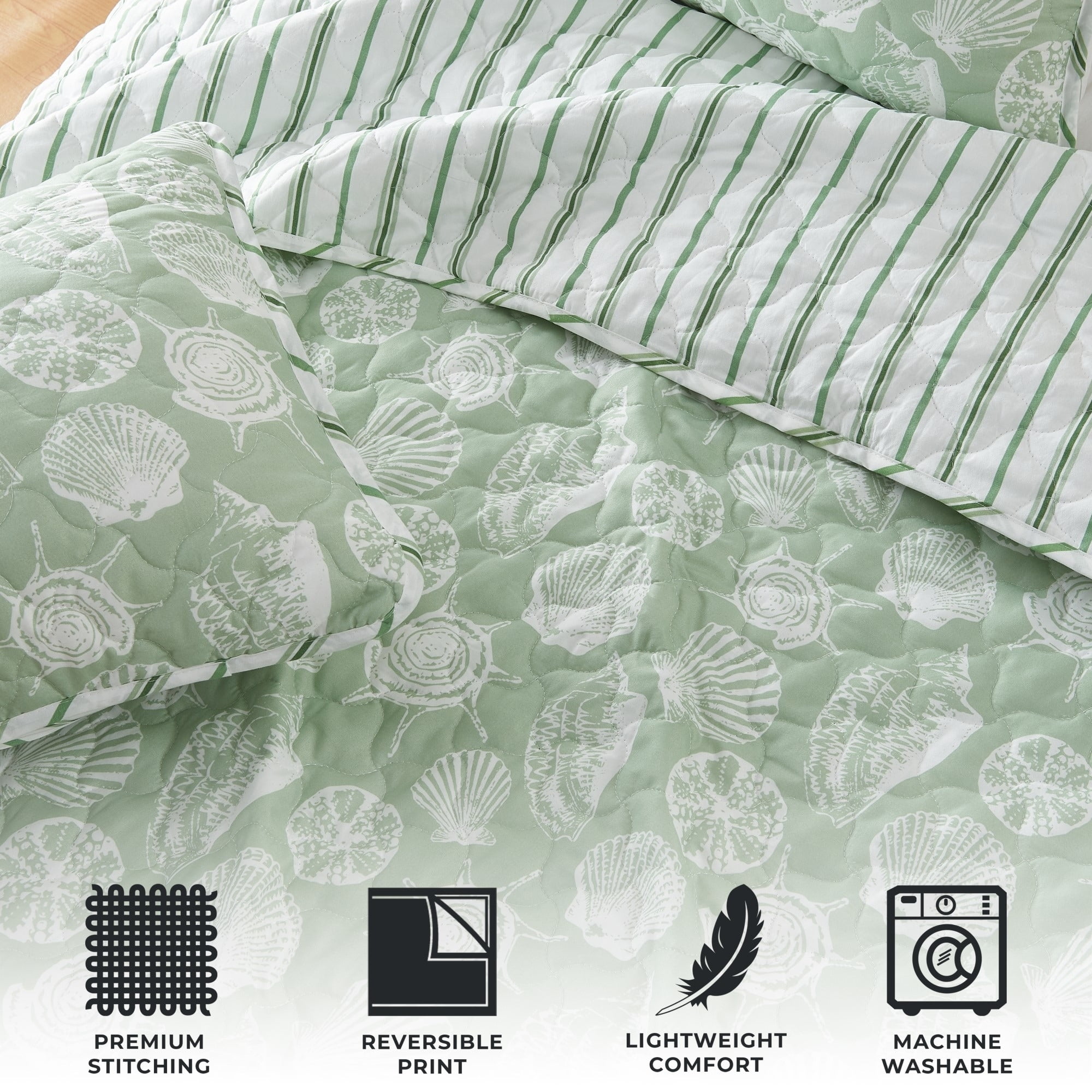 Linery & Co. Premium Green Seashell Microfiber Quilt Set With Shams ...