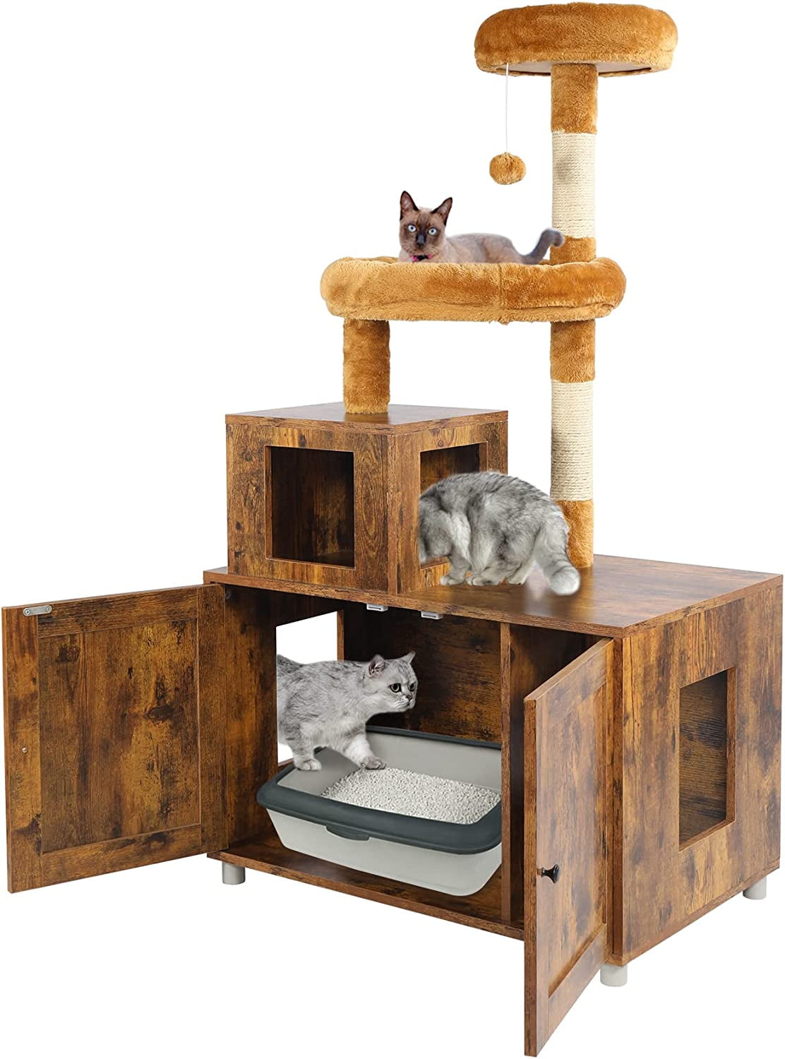Lineslife Cat Tree with Litter Box Enclosure, Enlarged Cat Litter ...