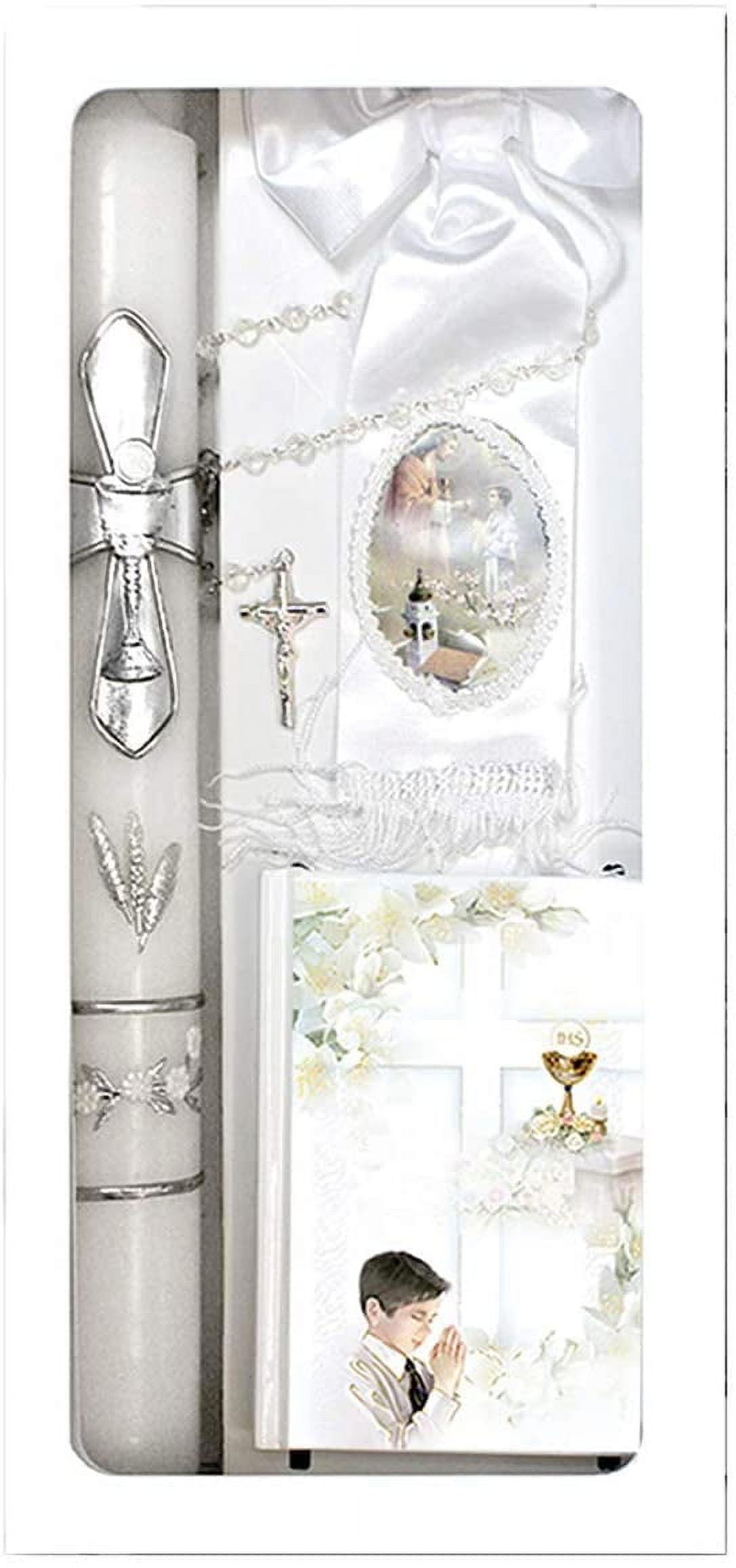 Lito First Communion Candle Set for Boys - White Silver Cross Candle ...