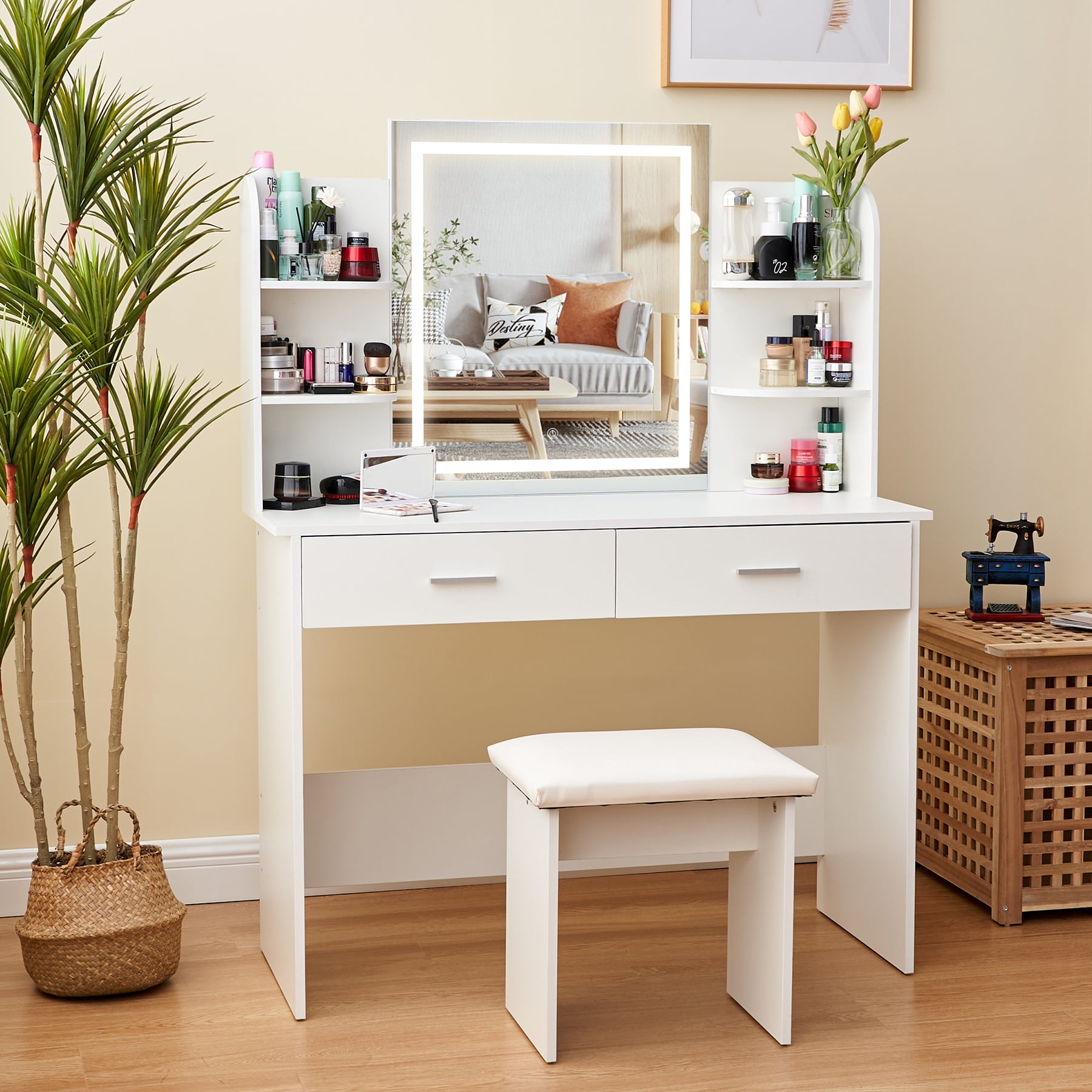 Lineslife White Vanity Table Set with Mirror and Lights, Makeup Vanity ...