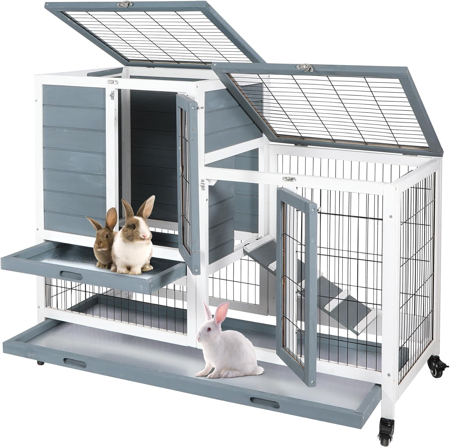 Lineslife Wooden Rabbit Hutch with Wheels Indoor Outdoor, Large Bunny ...