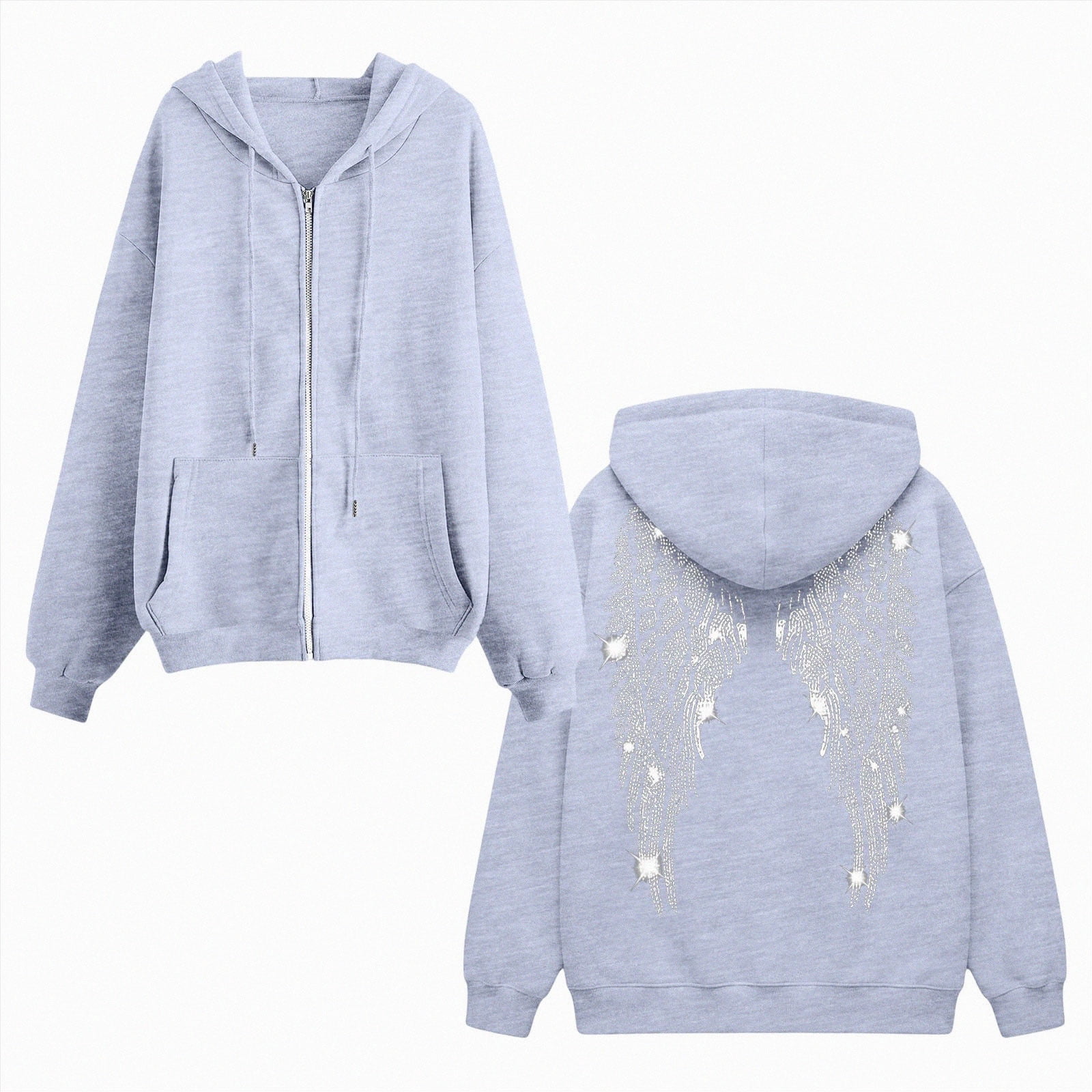 Linfrsh Women's Zip Up Hoodie Black and Silver Rhinestone Angel Wings ...