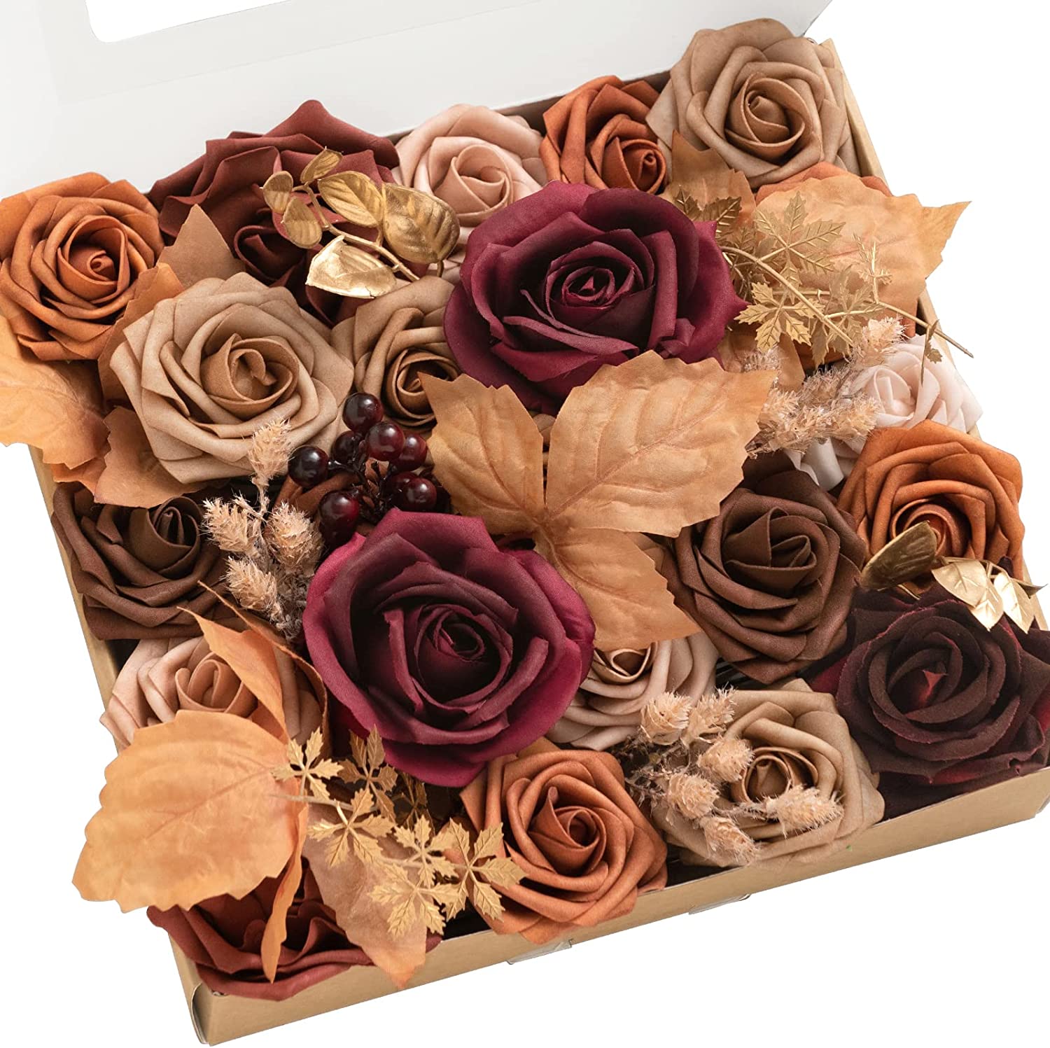 Ling's Moment Artificial Flowers and Greenery Combo Box Set, 37pcs Terracotta and Burgundy Theme ...