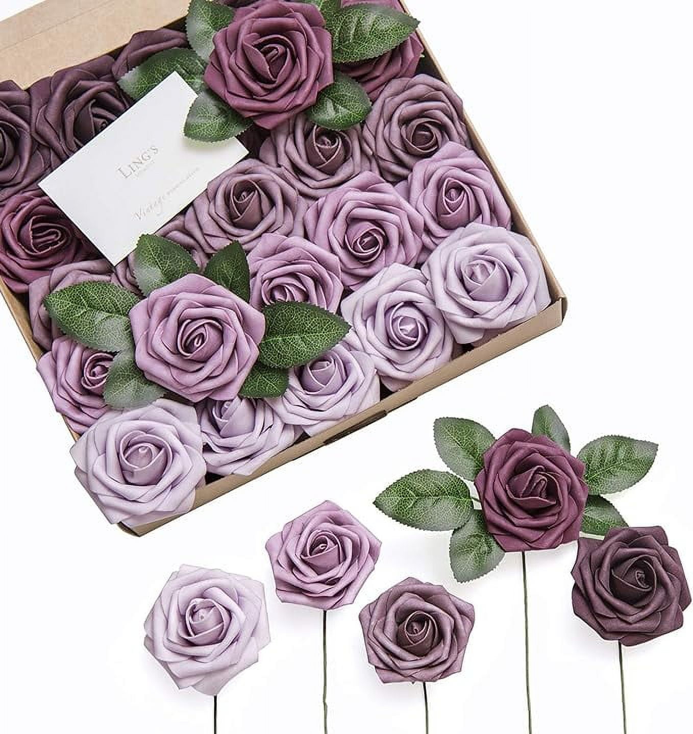 Ling's Moment Artificial Roses Flowers 25pcs Plum Ombre Colors Fake ...