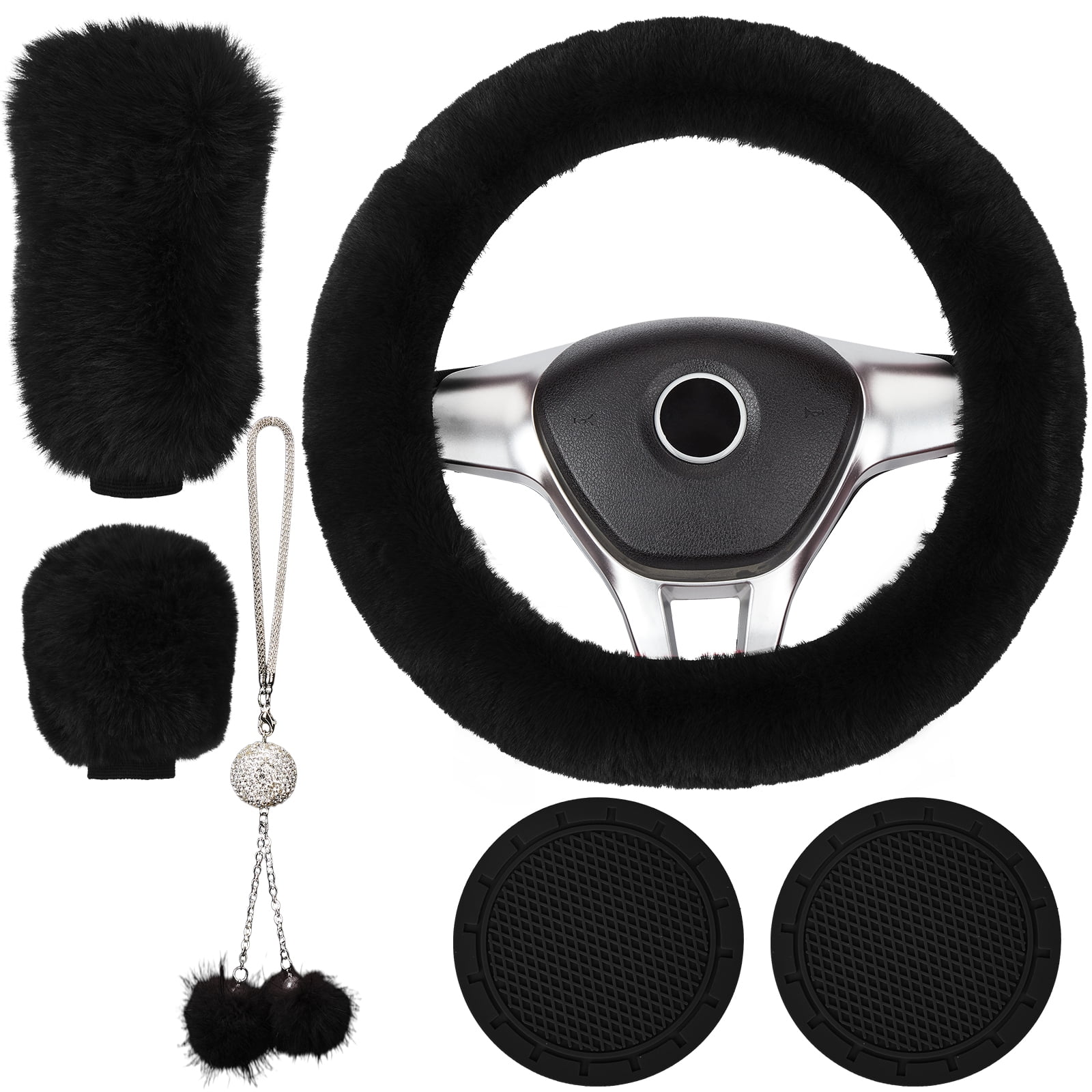 LingStar 6 Pieces Plush Car Accessories Set Plush Steering Wheel Cover ...