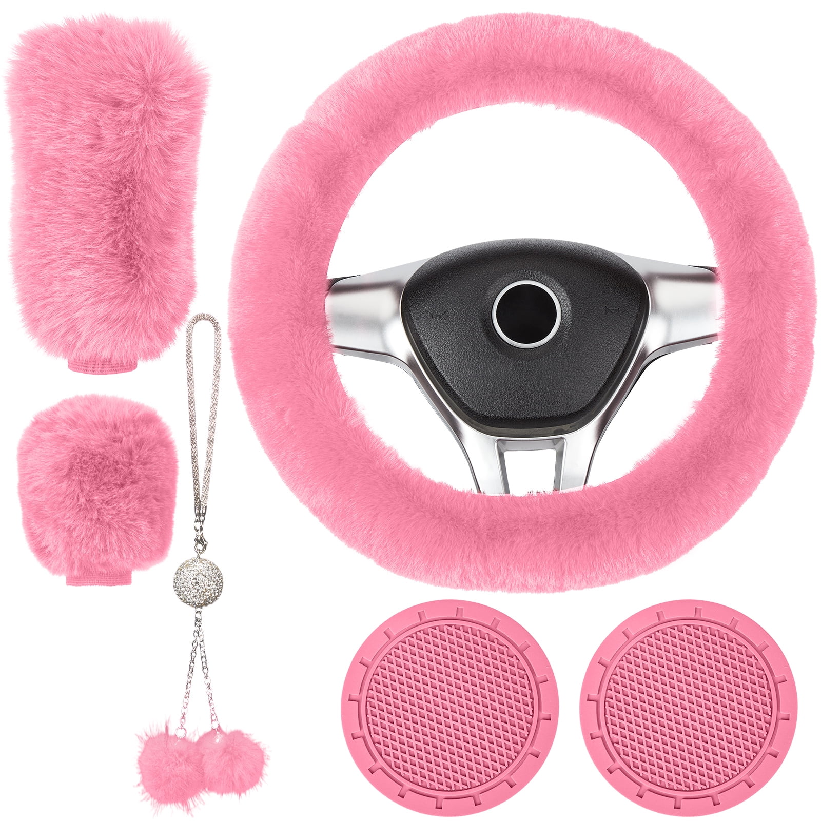 LingStar 6 Pieces Plush Car Accessories Set Plush Steering Wheel Cover ...