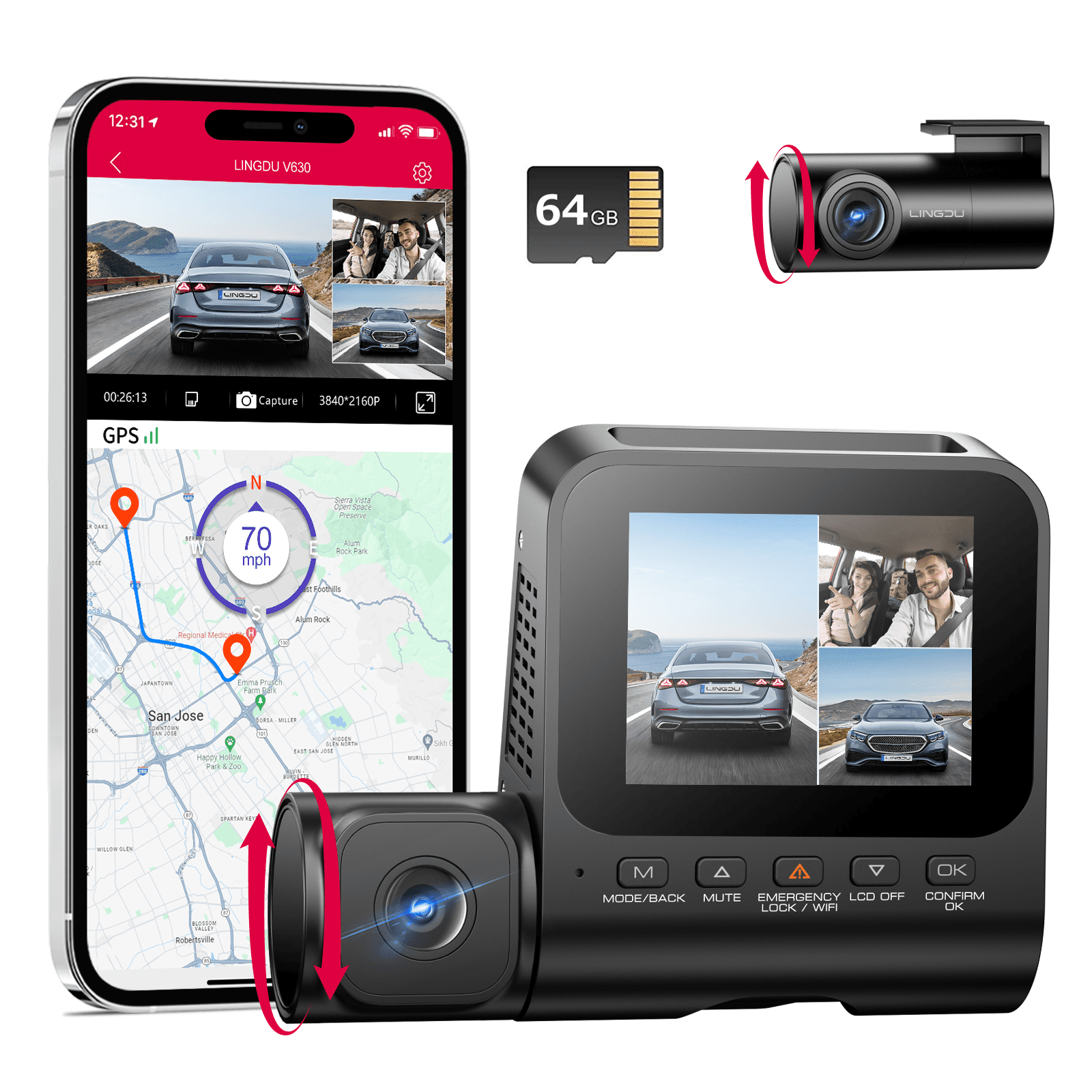 Lingdu V630 3 Channel 4K Dash Cam, Front Inside Rear Triple Car Camera ...