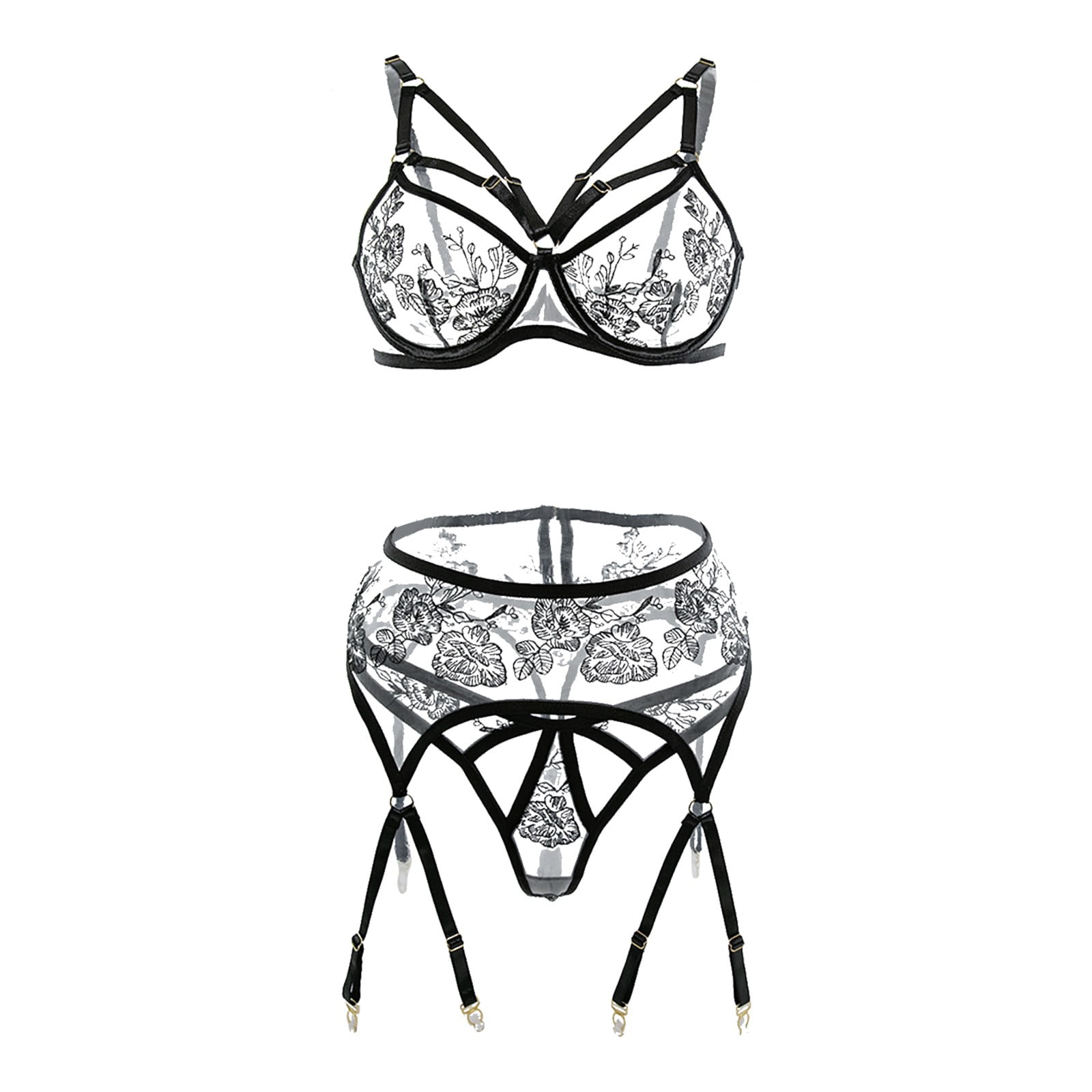 Lingerie For Women Womens Sexy Underwear Lace Floral Print Bra Panties Garter Underwear Set