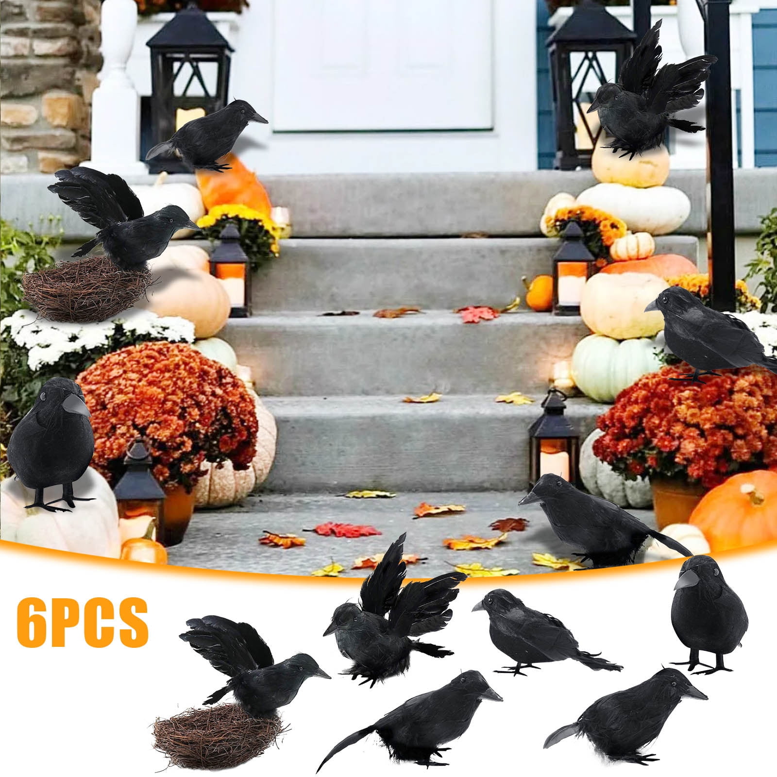 Lingouzi 6 Pack Black Feathered Crows with Bird Nests - Fake Black Crow ...