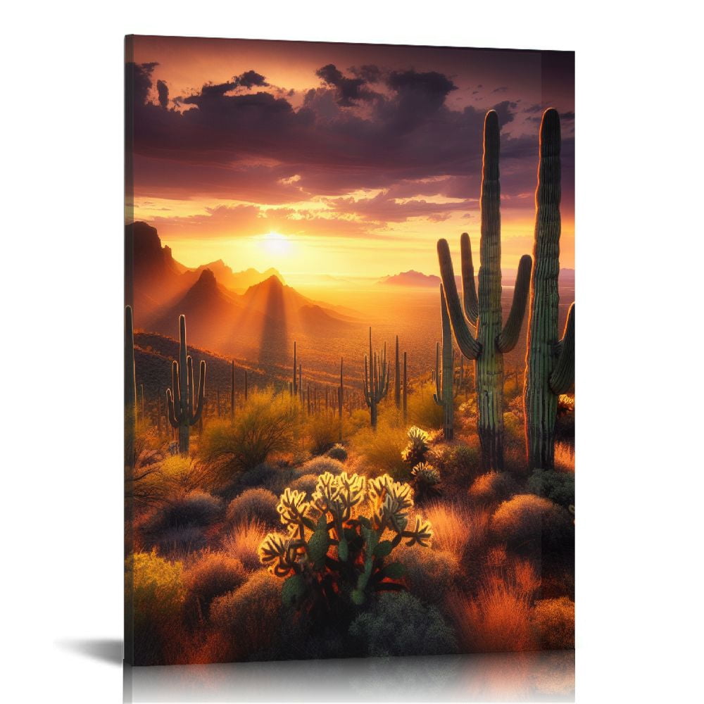Lingy 3 Piece Saguaro Cactus Canvas Wall Art Great Sunset at Arizona ...