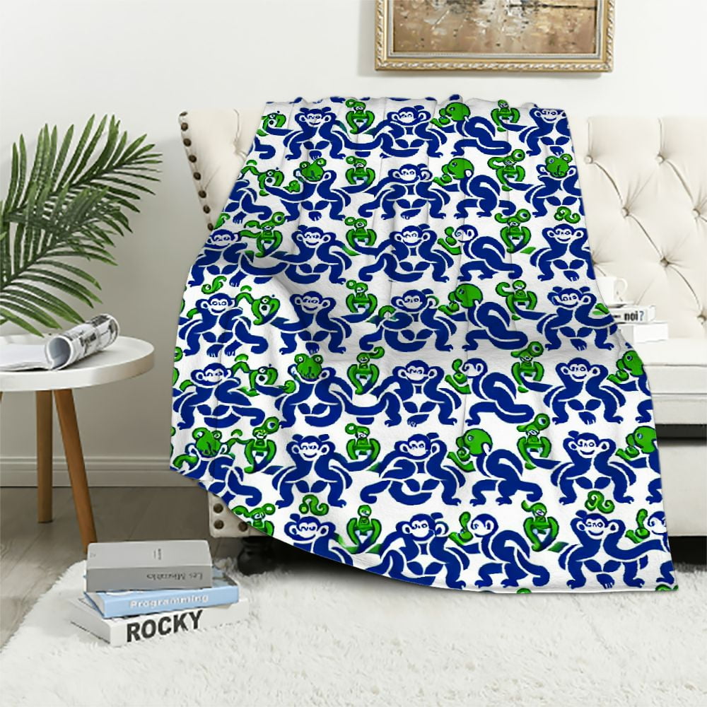 Lingy Blue Rabbit Monkey Flannel Throw Blanket Ultra-Soft Cozy Fluffy ...