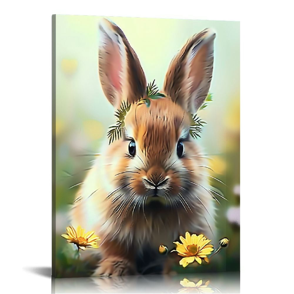 Lingy Easter Wall Art Decor Bunny Wearing Flowers Wreath Animal Canvas ...