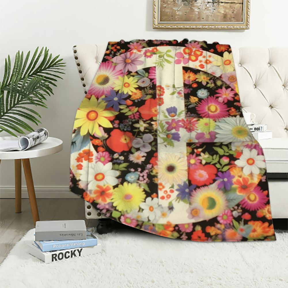 Lingy Hippies Peace Symbol with Flowers Throw Blanket Ultra Soft Cozy ...