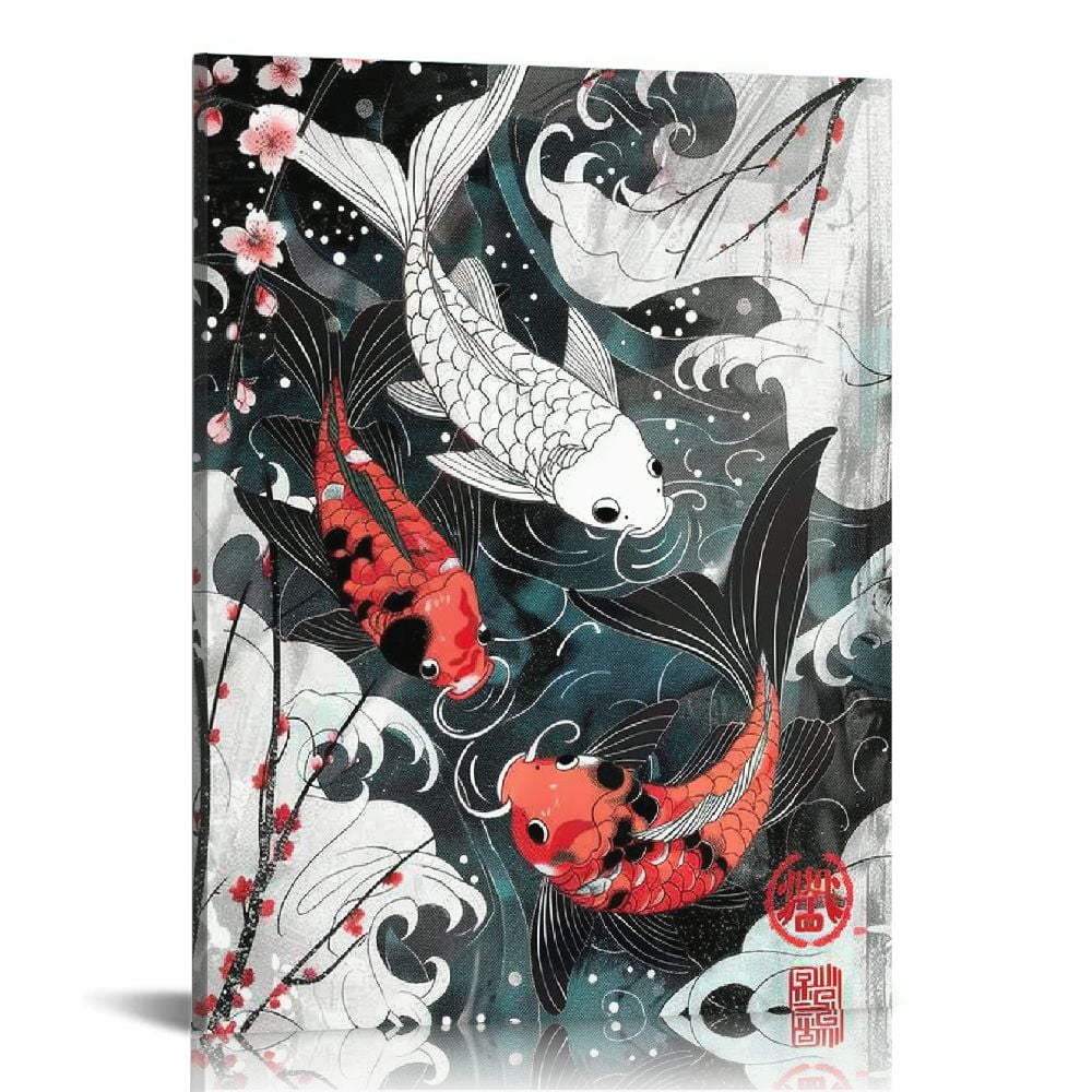 Lingy Japanese Yin Yang Wall Art-Koi Fish Wall Decor Cherry Blossoms ...