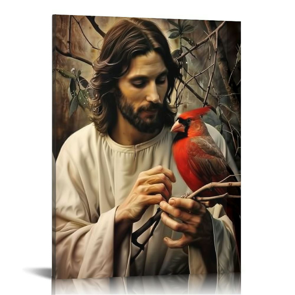 Lingy Jesus Canvas Wall Art Jesus with Red Birds Cardinal Picture Print ...