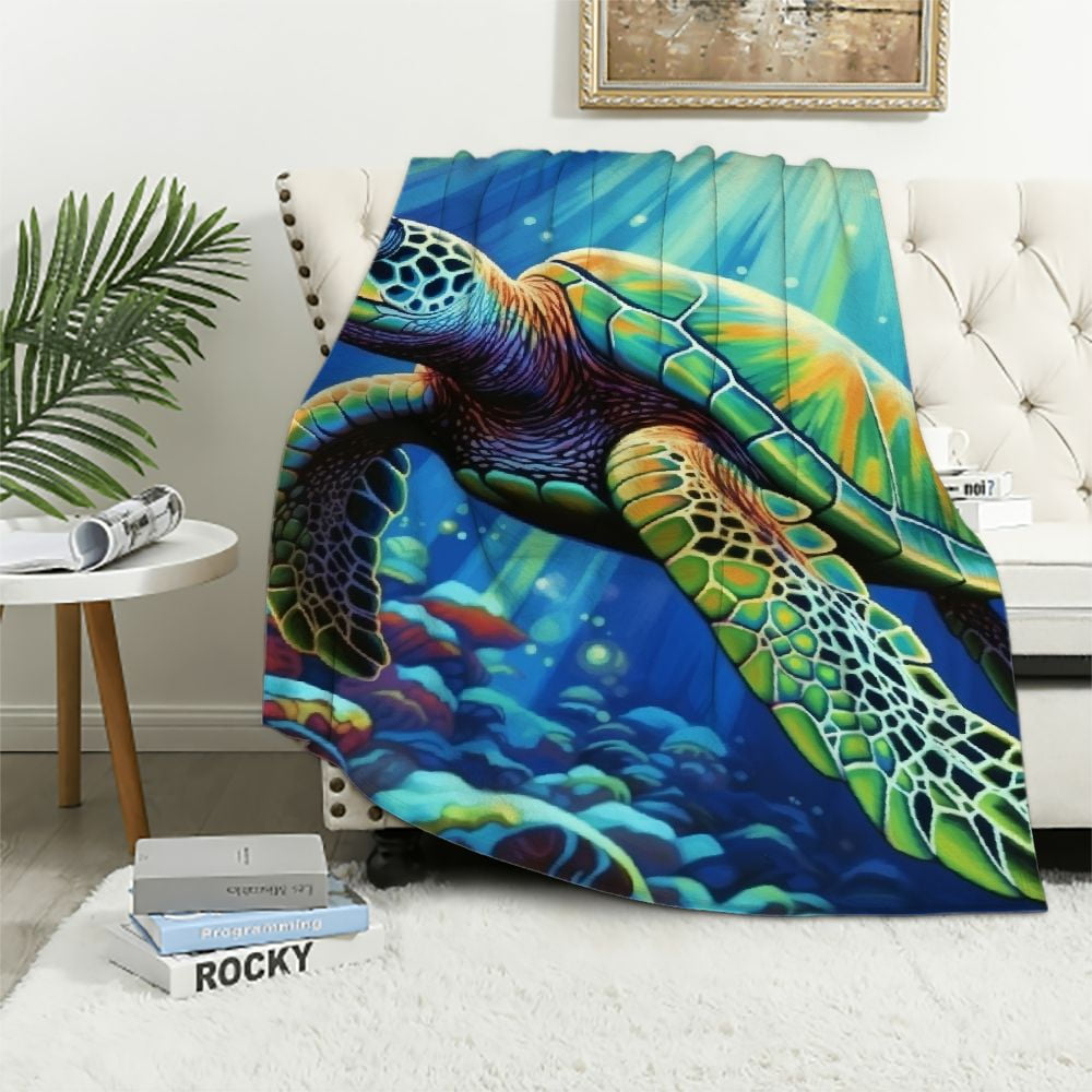 Lingy Sea Turtle Blue Blanket Turtles Shell Waves Flannel Throw ...