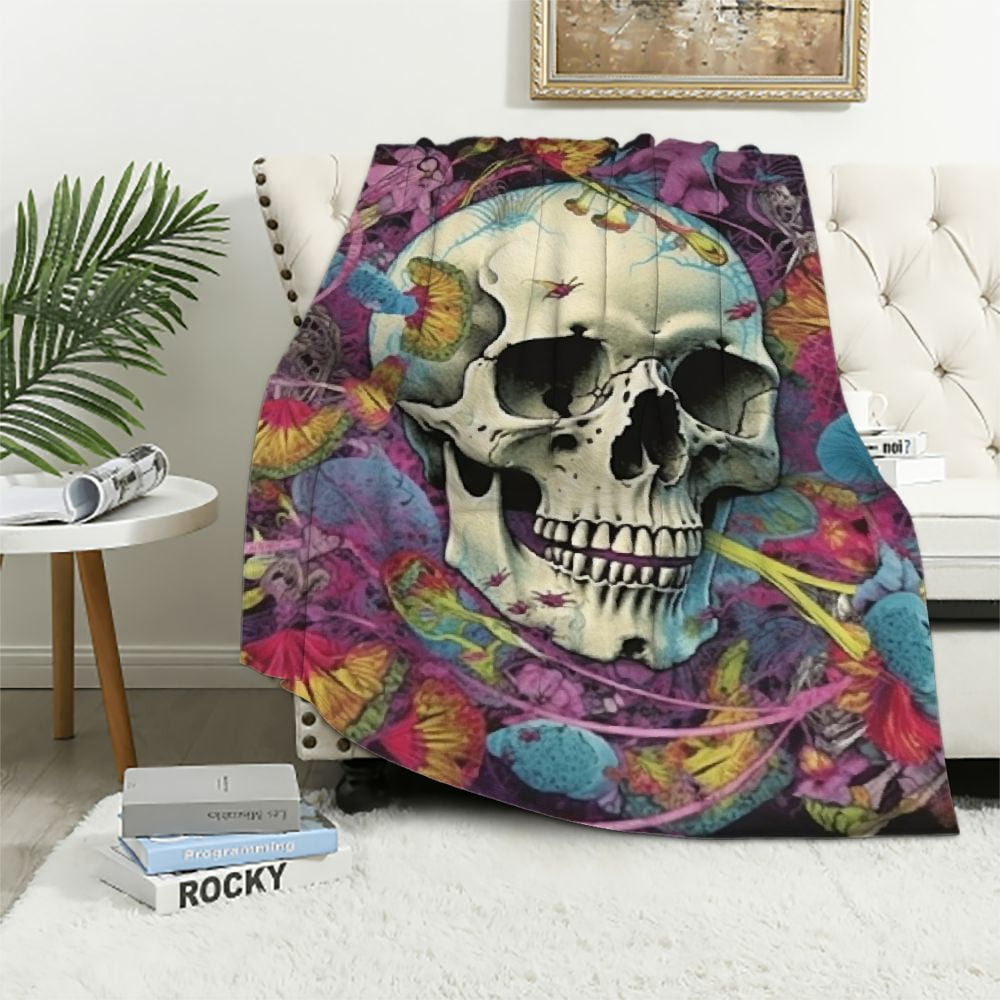 Lingy Skull Throw Blanket Sugar Skull Mushroom Halloween Skeleton ...