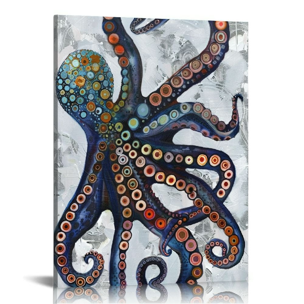 Lingy Vertical Canvas Wall Art Abstract Grey and Blue Octopus Printed ...