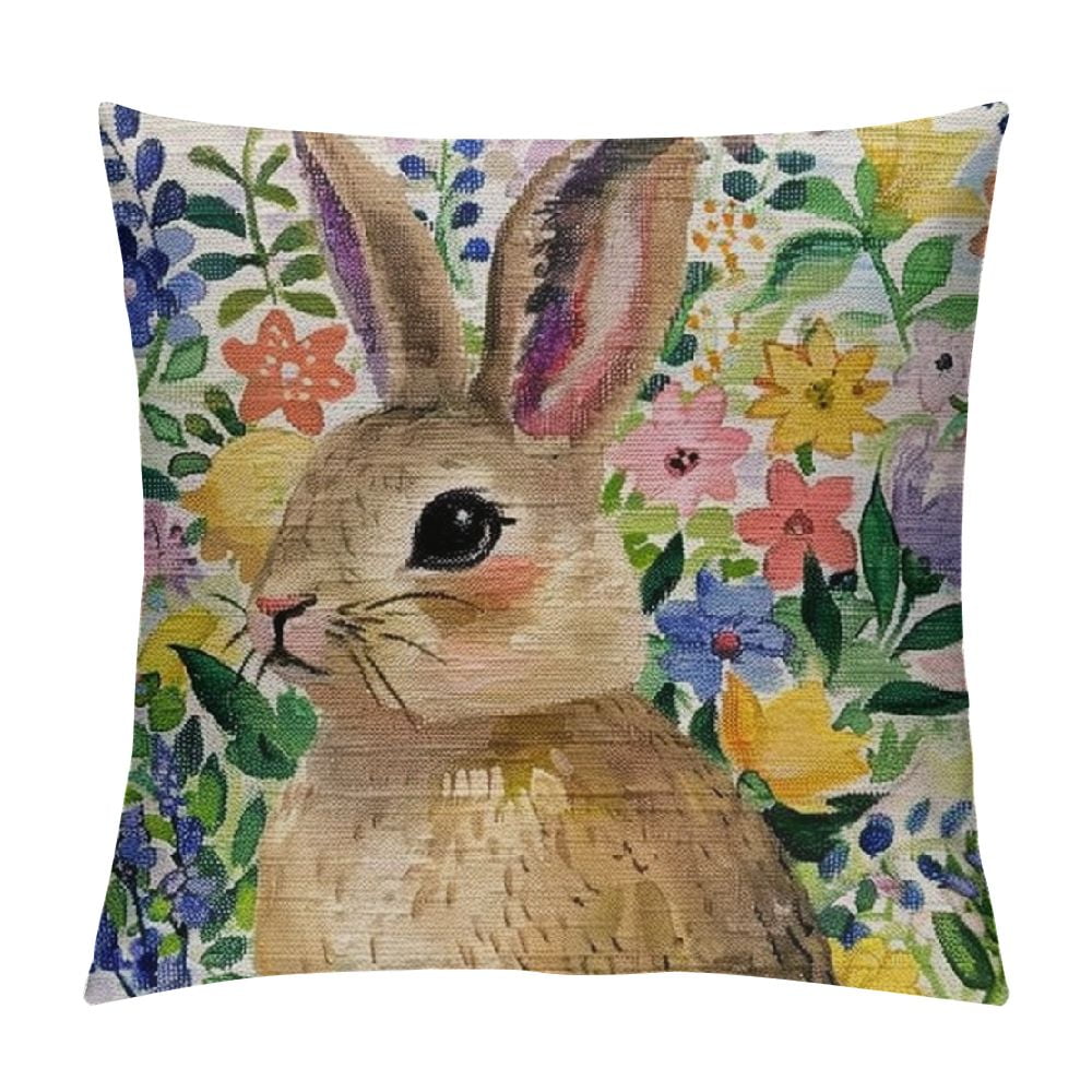 Lingy Watercolor Painting Rabbit Pillow Covers Colored Flower Spring ...