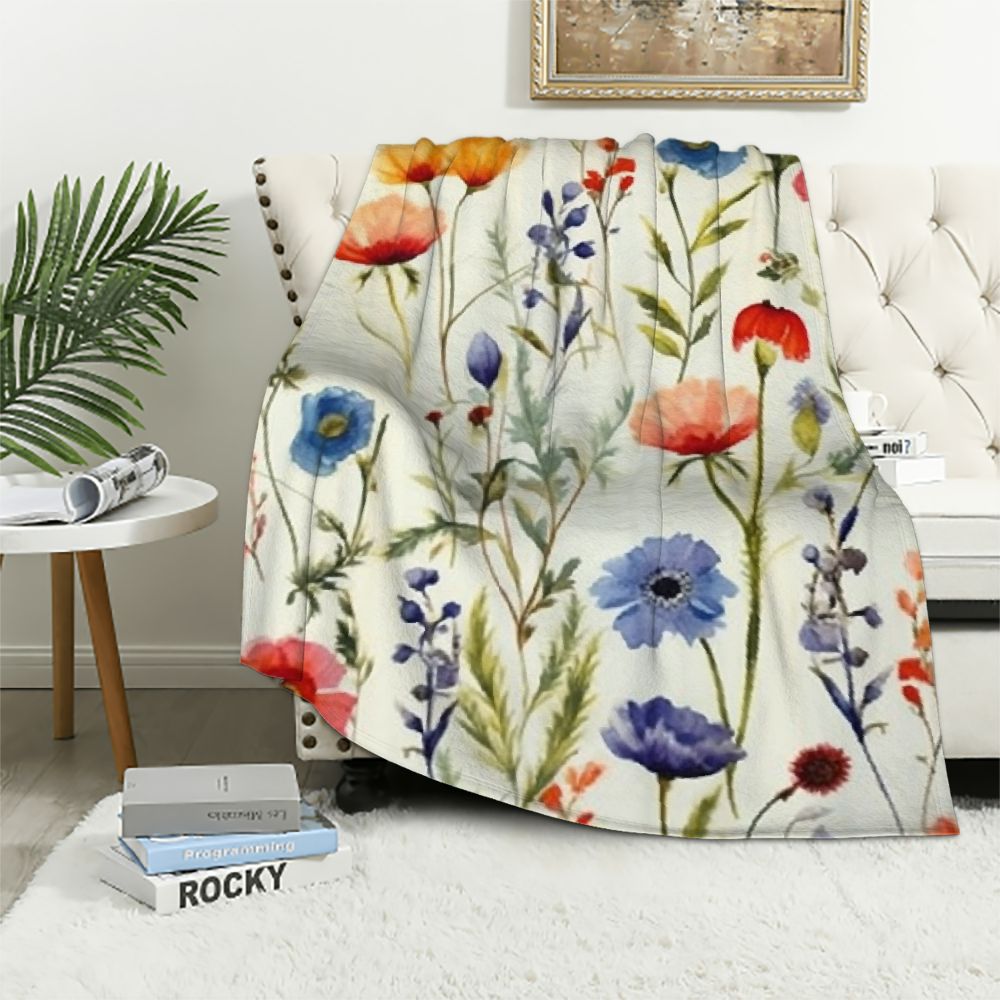 Lingy Wildflowers Throw Blanket Colorful Watercolor Flowers Poppy ...
