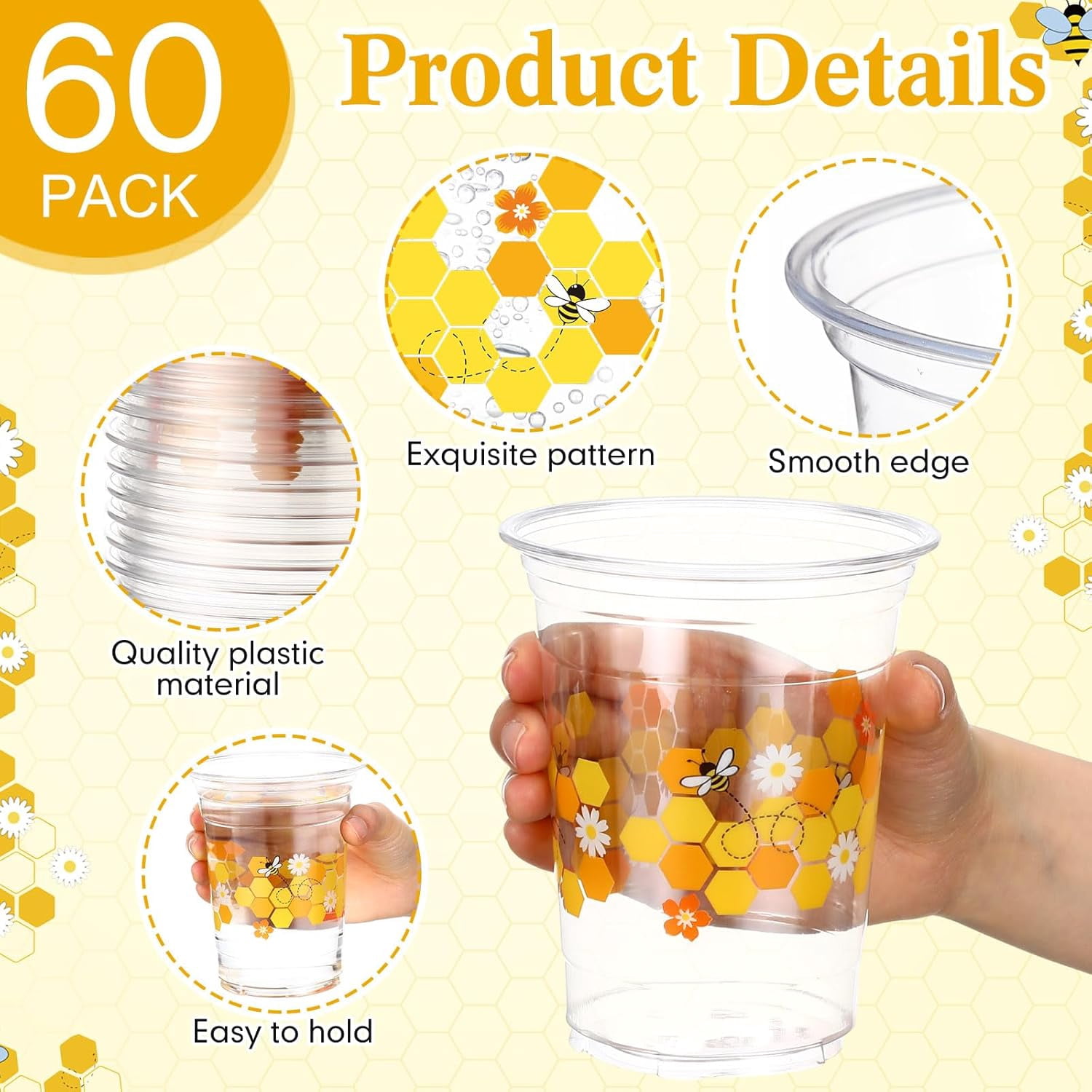 Lingyun-60 Pcs Bee Party Plastic Cups 16 oz Honey Disposable Clear ...