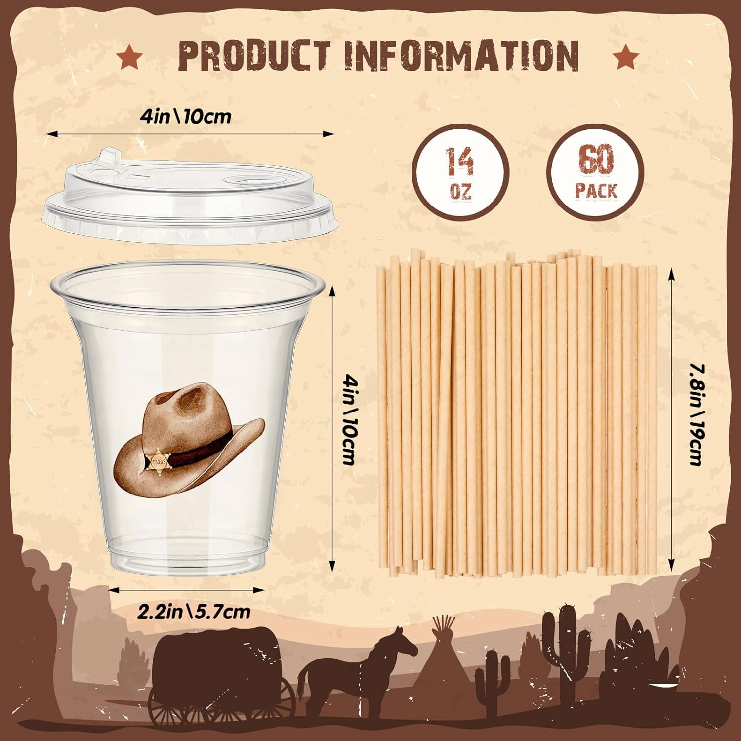 Lingyun-60 Pcs Western Cowboy Cups with Lids and Paper Straws 14 oz ...