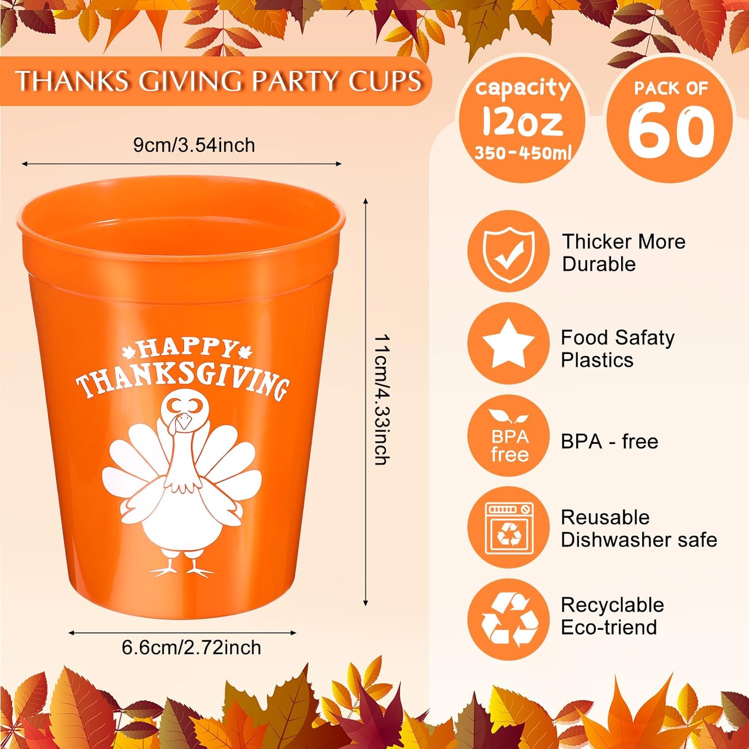 Lingyun-60 Pieces Thanksgiving Plastic Cups 12 oz Orange White Turkey ...