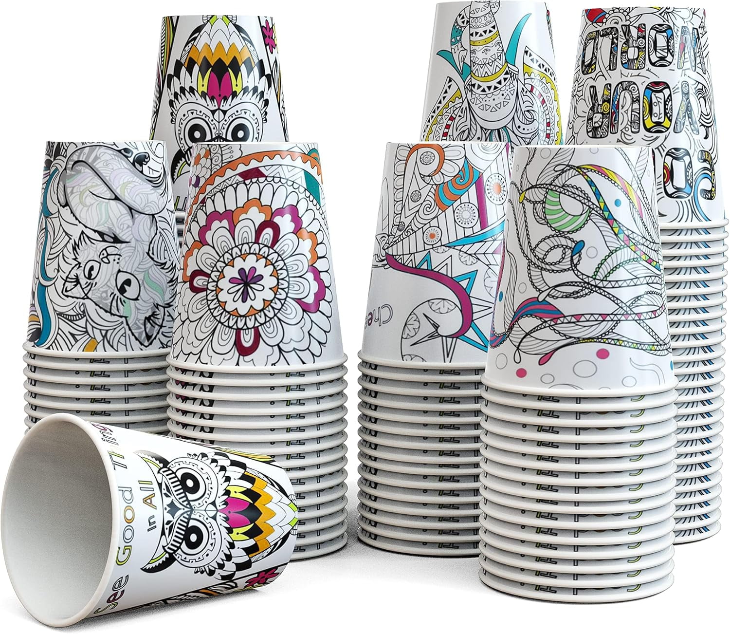 Lingyun-Art Kups 8 oz Paper Cups - 100 Pack - Variety of 7 Unique ...