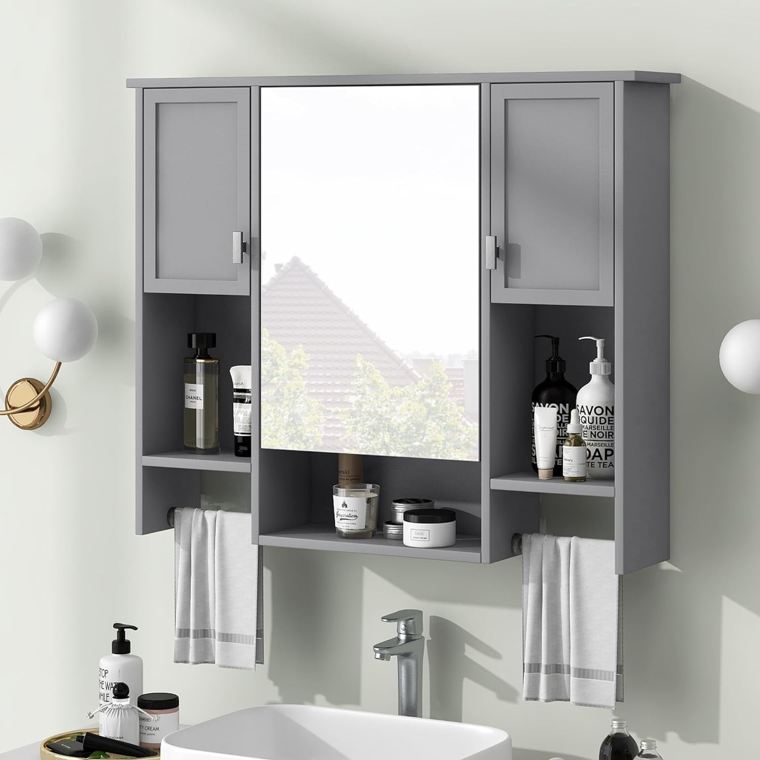 Linique Medicine Cabinet with Mirror, Shelves, 2 Towel Bars, Modern Wall-Mounted Bathroom ...