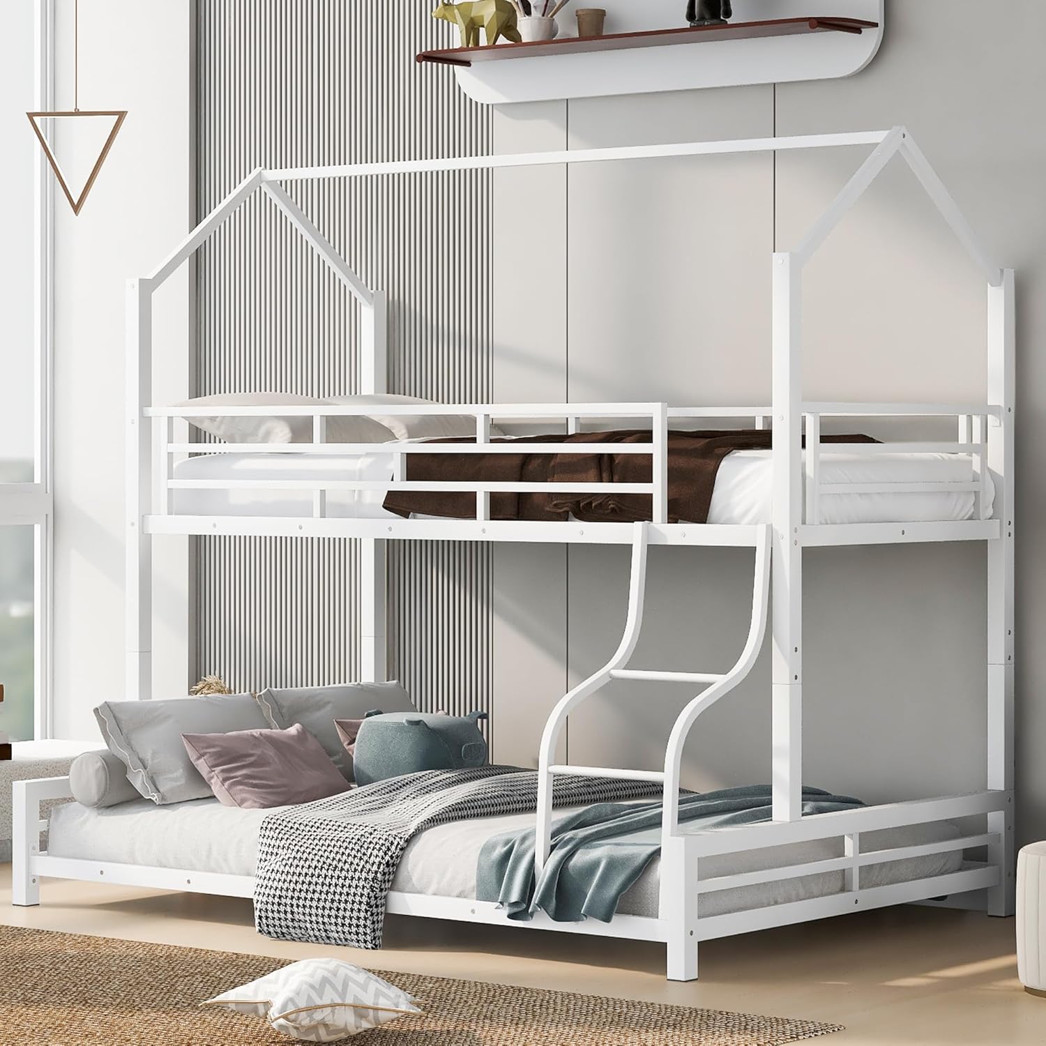 Linique Metal House Bunk Bed,Twin Over Full Bunk Bed with Sloping ...