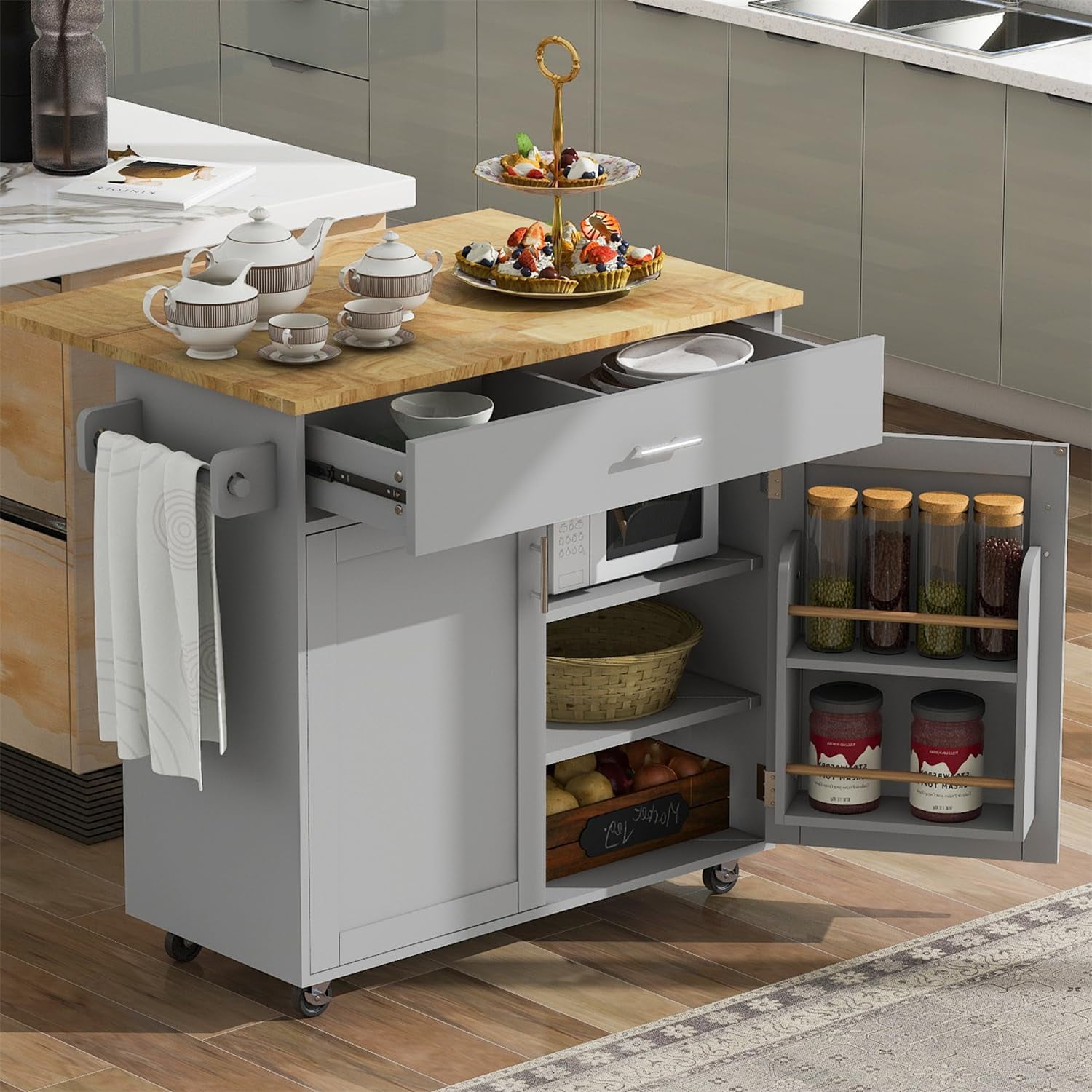Linique Rolling Kitchen Island with Rubber Wood Top, Drawers ...