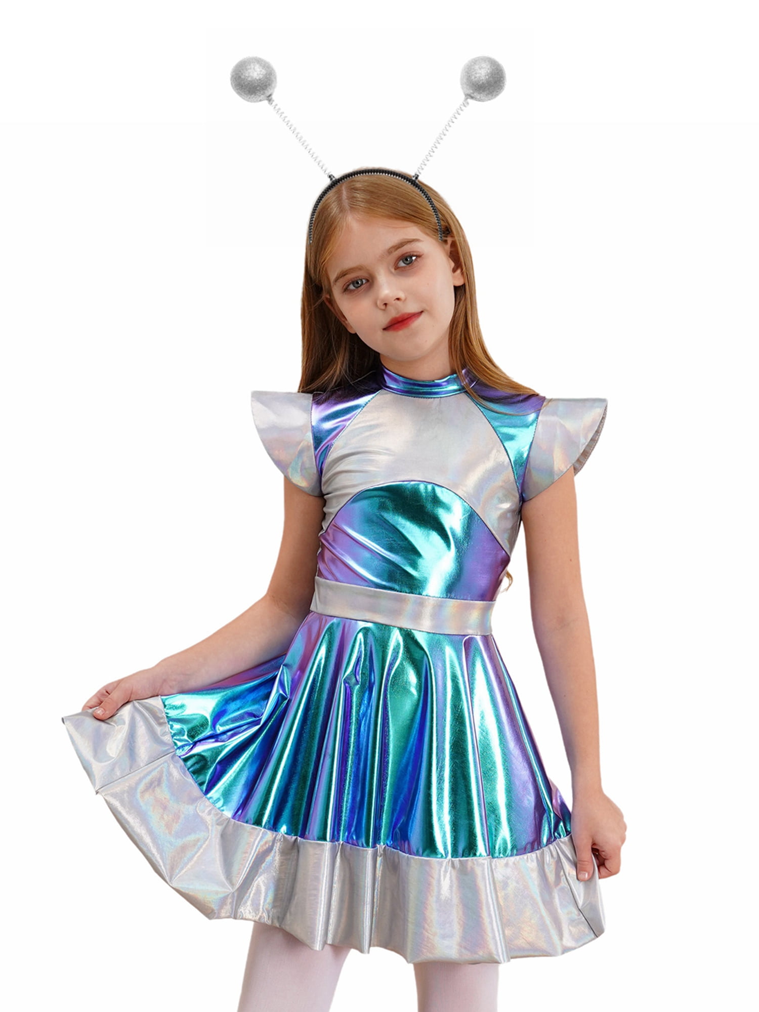 Linjinx Girls Alien Astronaut Outfit Sparkly Metallic Dance Dress with ...
