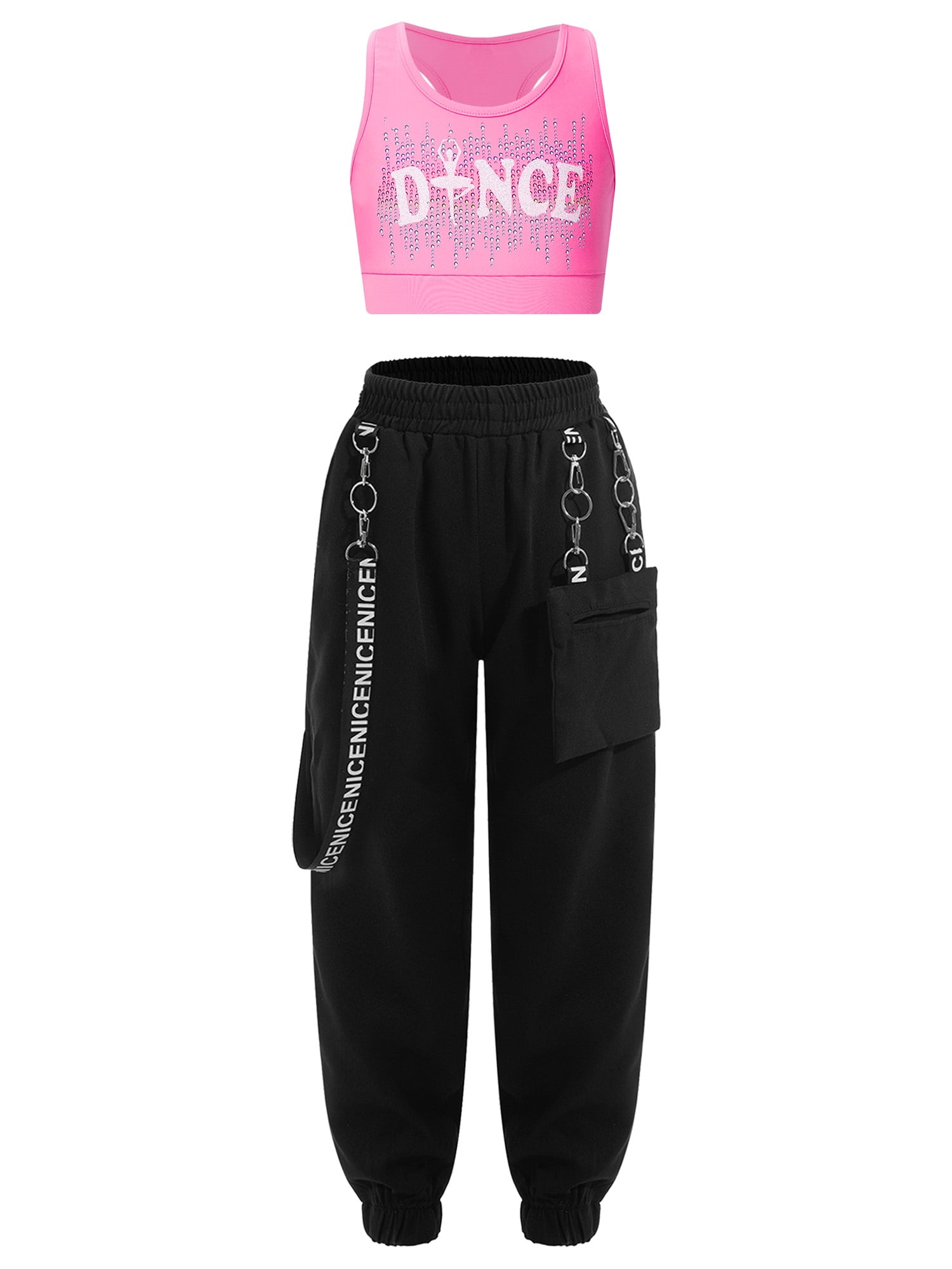 Linjinx Kids Girls Hip Hop Outfit Tracksuit Sparkly Dance Crop Tank ...