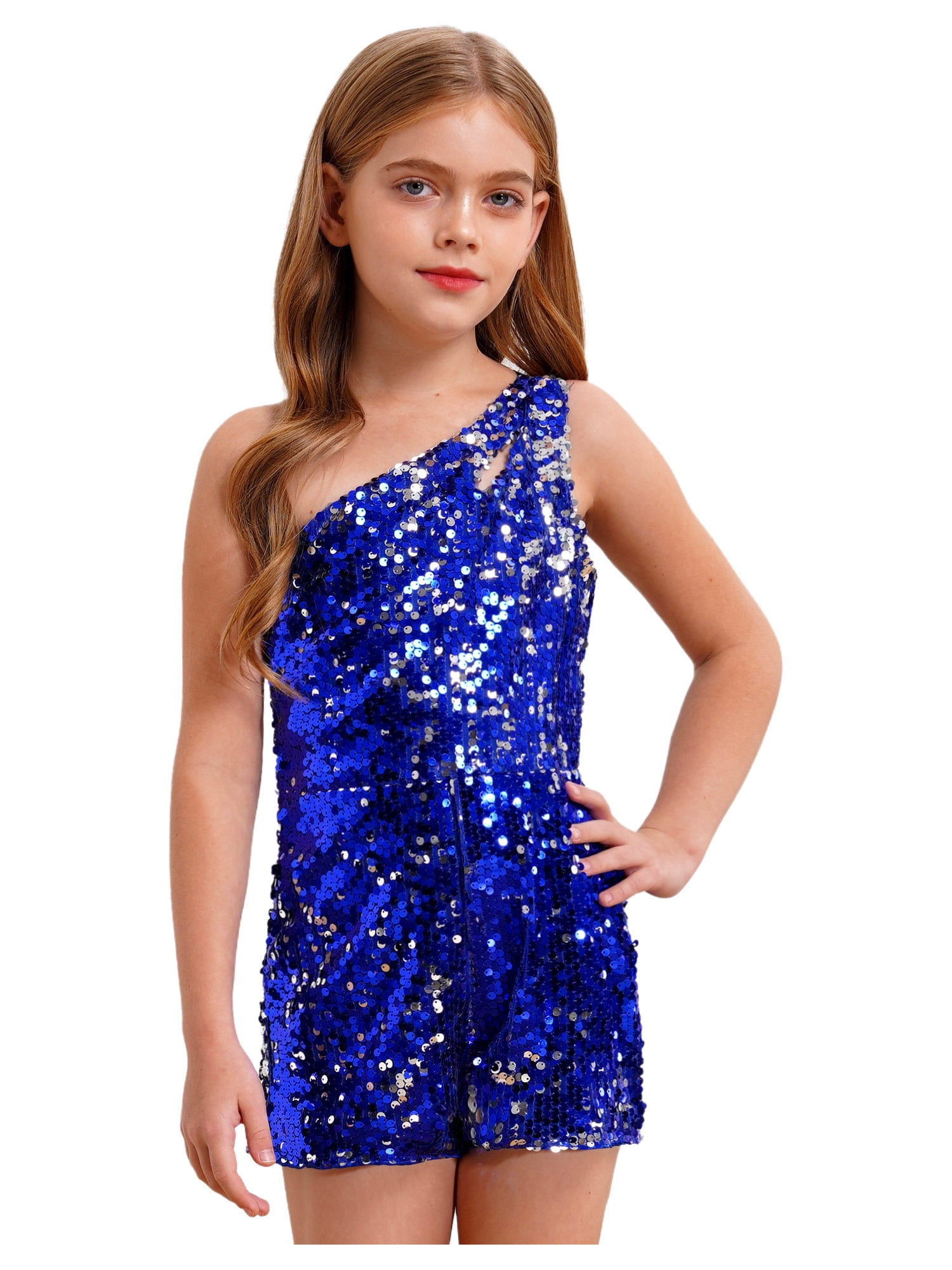 Linjinx Kids Girls Shiny Sequin Rompers One Shoulders Wide Leg Bell ...