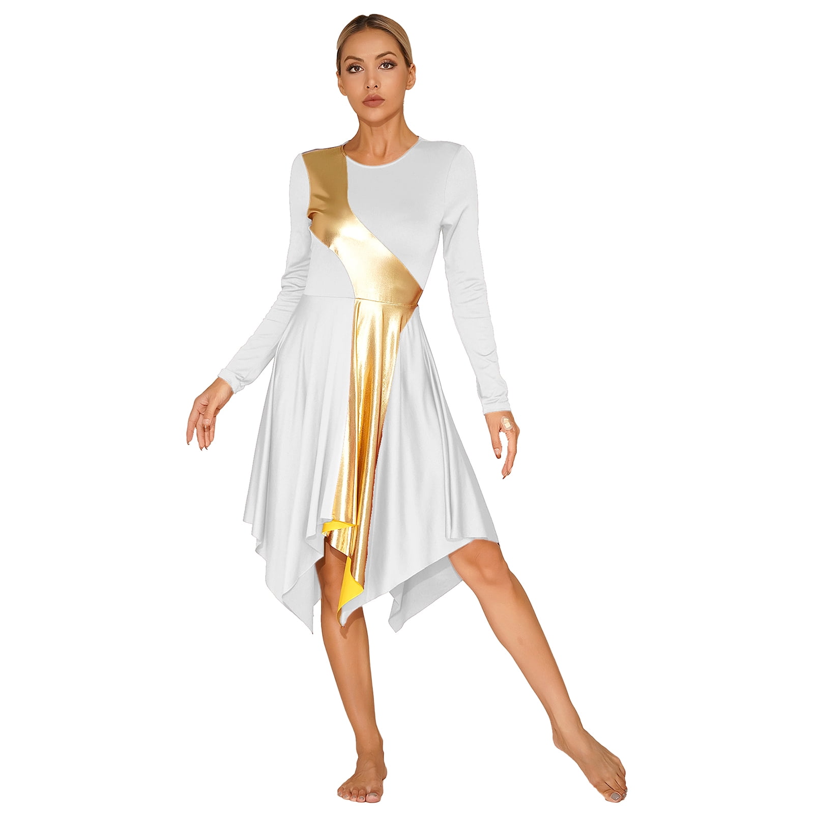 Linjinx Metallic Priase Dance Dress for Women Long Sleeve Asymmetrical ...