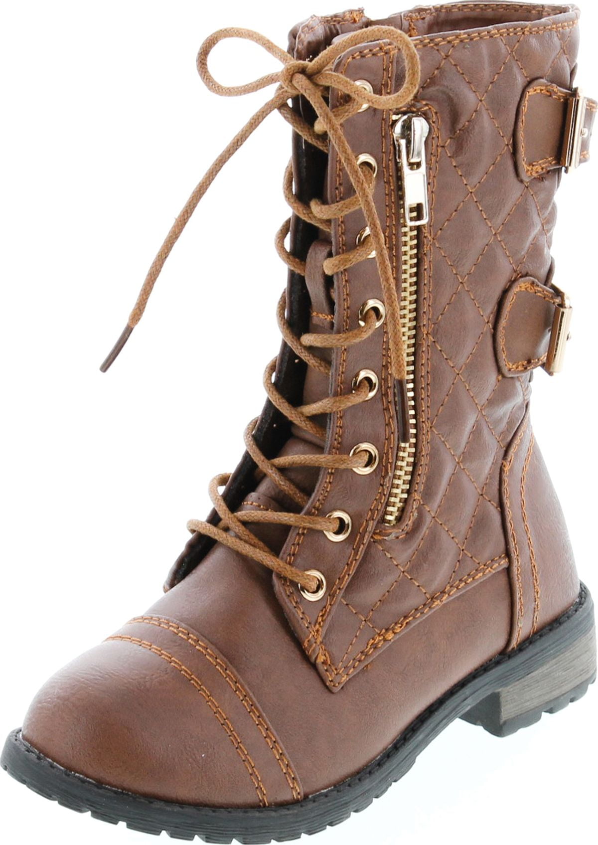 Link Mango79K Tan Girls Mid Calf Quilted Back Buckle Lace Up Combat ...