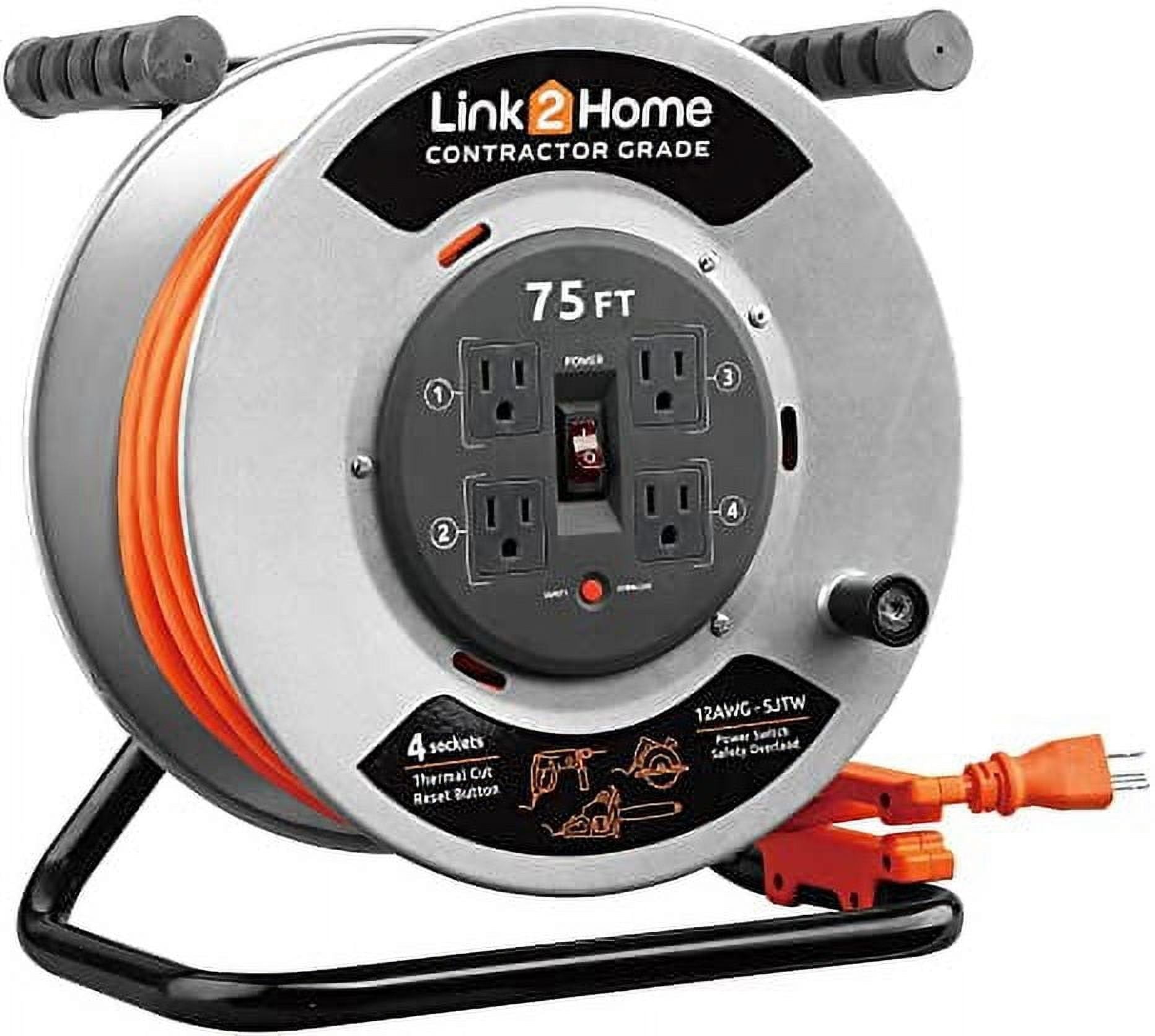 Link2Home 75 Ft Contractor Extension Cord Reel, 12AWG, 4 Outlets ...