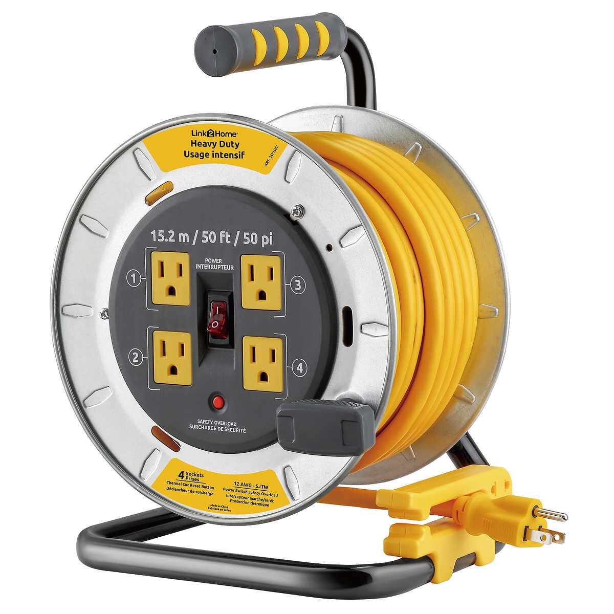 Link2Home Metal Cord Reel with 50ft 12AWG Extension Cord and 4 Grounded ...
