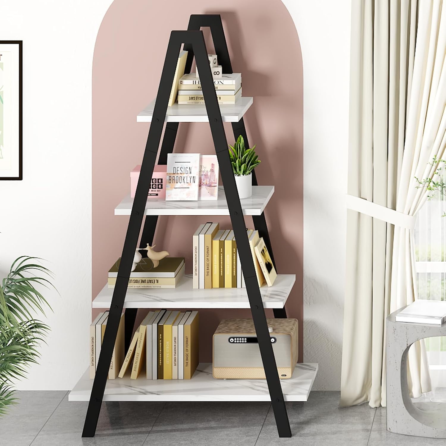 LinkRomat 4-Tier Ladder Bookshelf, Standing Bedroom Ladder Shelf, Open ...